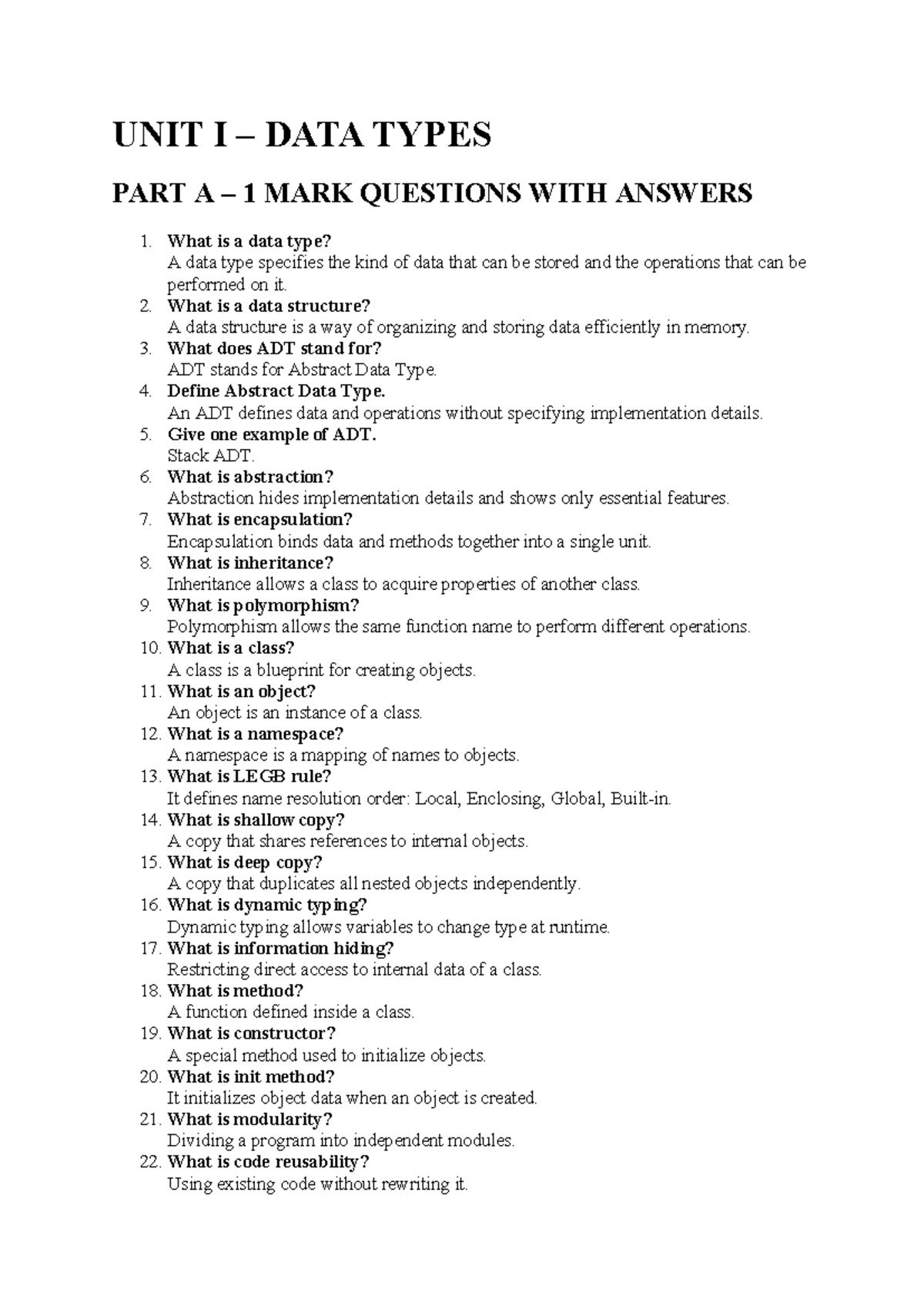 DSA 101: Unit I Data Types - 1 Mark Q&A Notes - Studocu