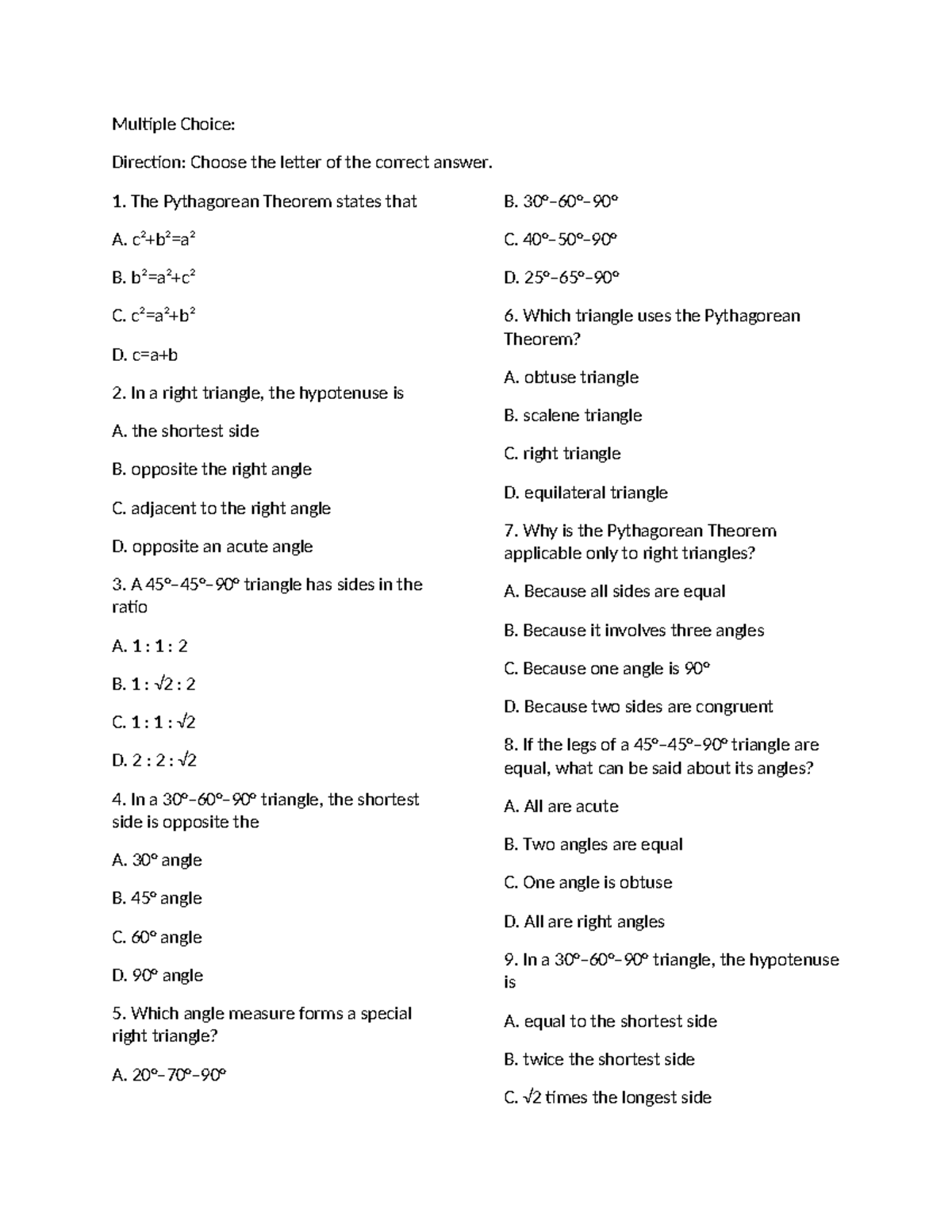 Summative 1: Multiple Choice Questions on Pythagorean Theorem - Studocu
