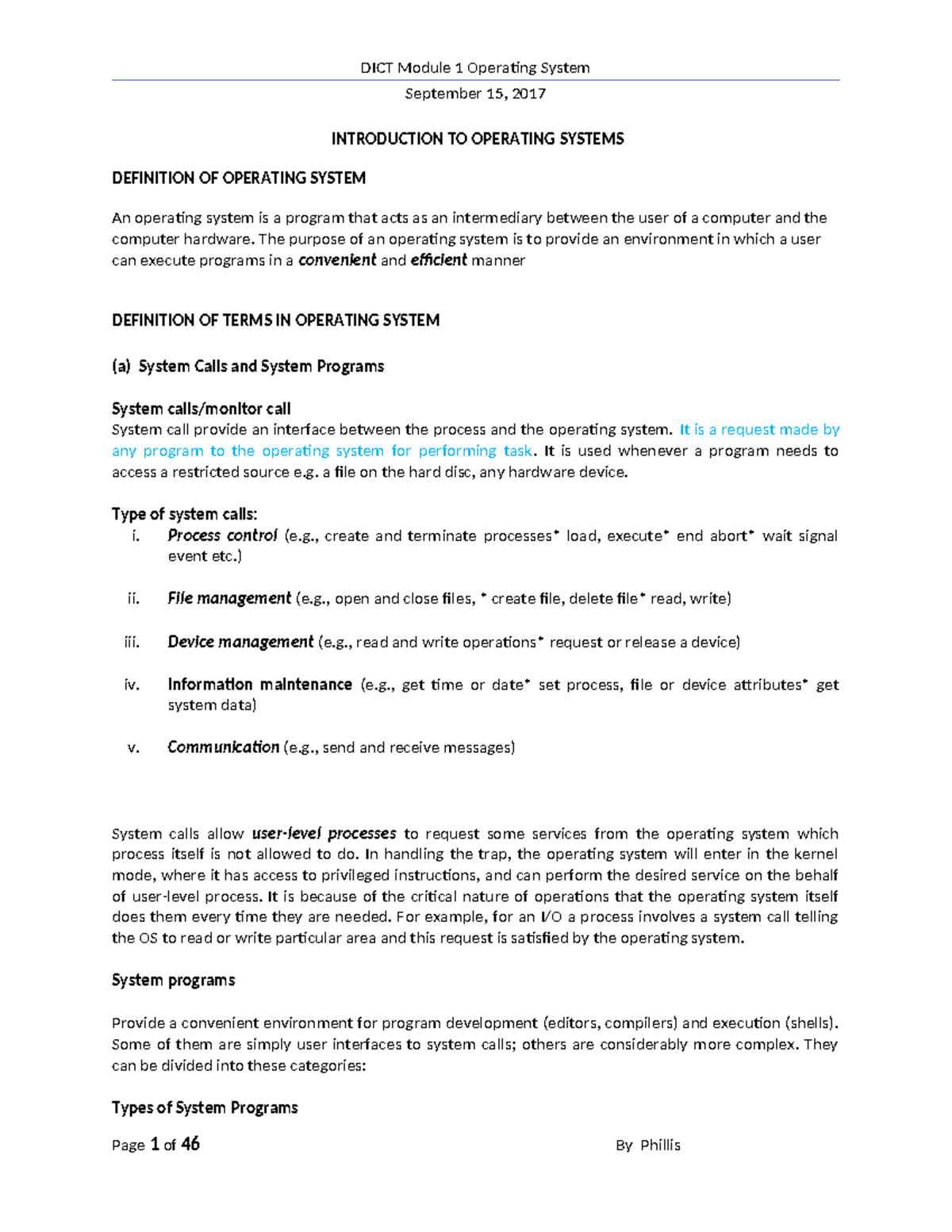 DICT Module 1: Introduction to Operating Systems Notes - Studocu