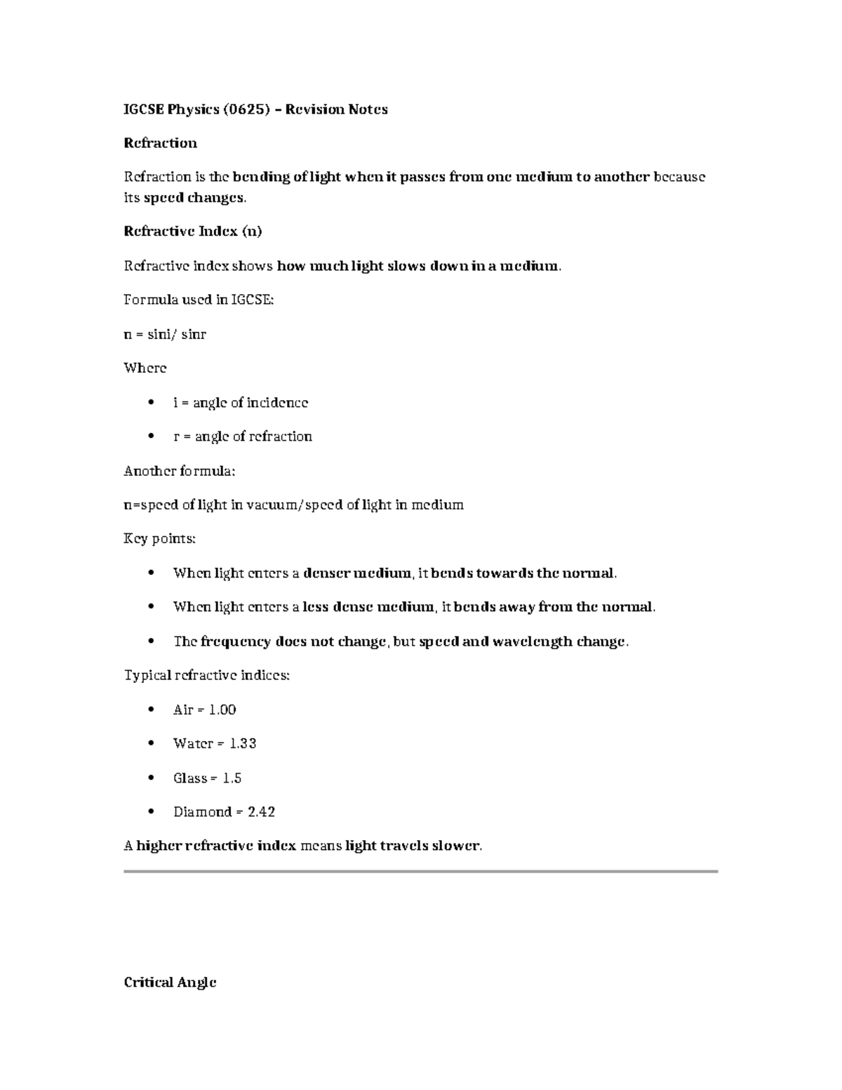 IGCSE Physics (0625) Refraction & Critical Angle Worksheet - Studocu