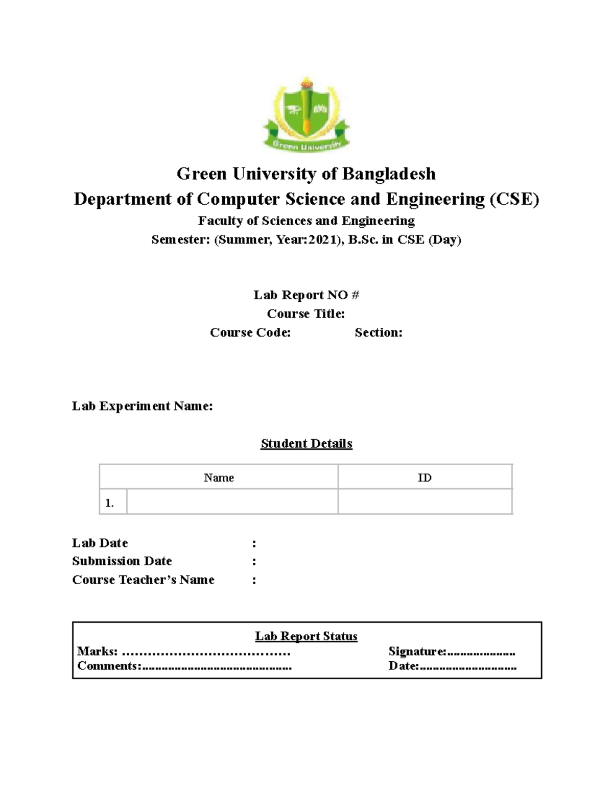 CSE Lab Report Template for Summer Semester 2021 - Studocu