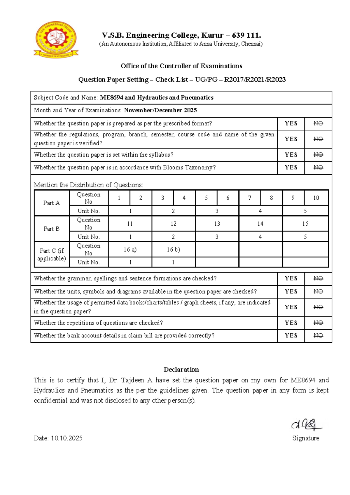 ME8694 Hydraulics and Pneumatics Question Paper Setting Checklist - Studocu