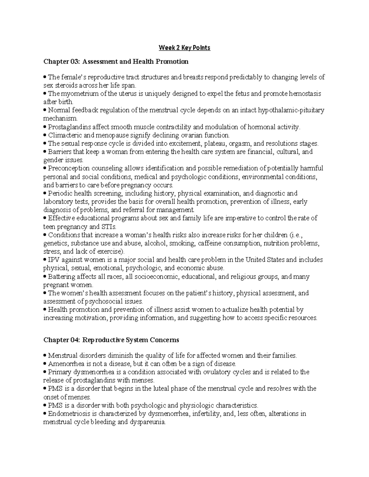 Week 2 Key Points: Chapter 03-05 on Women's Health & Reproductive ...