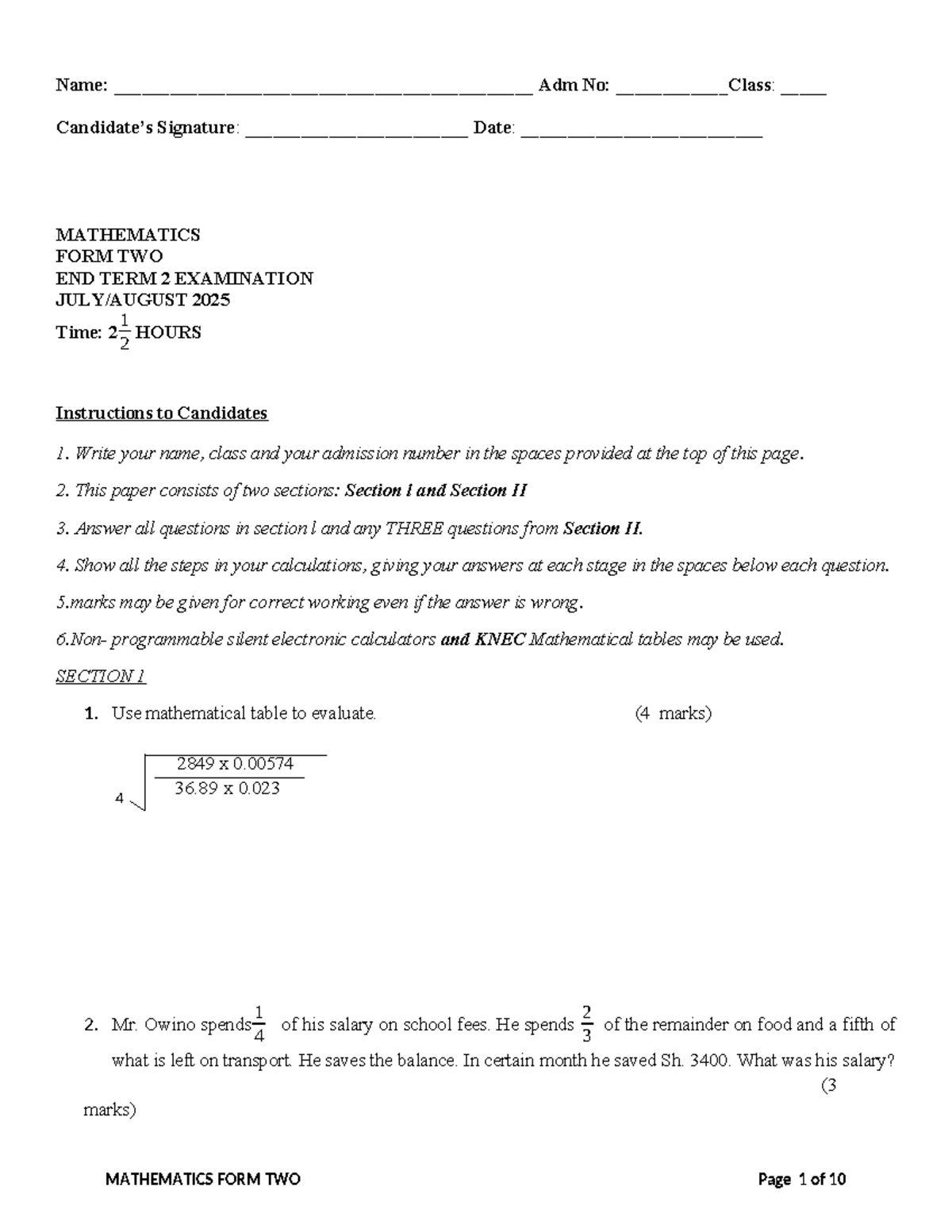 MATHEMATICS FORM TWO END TERM 2 EXAMINATION 2025 - Studocu