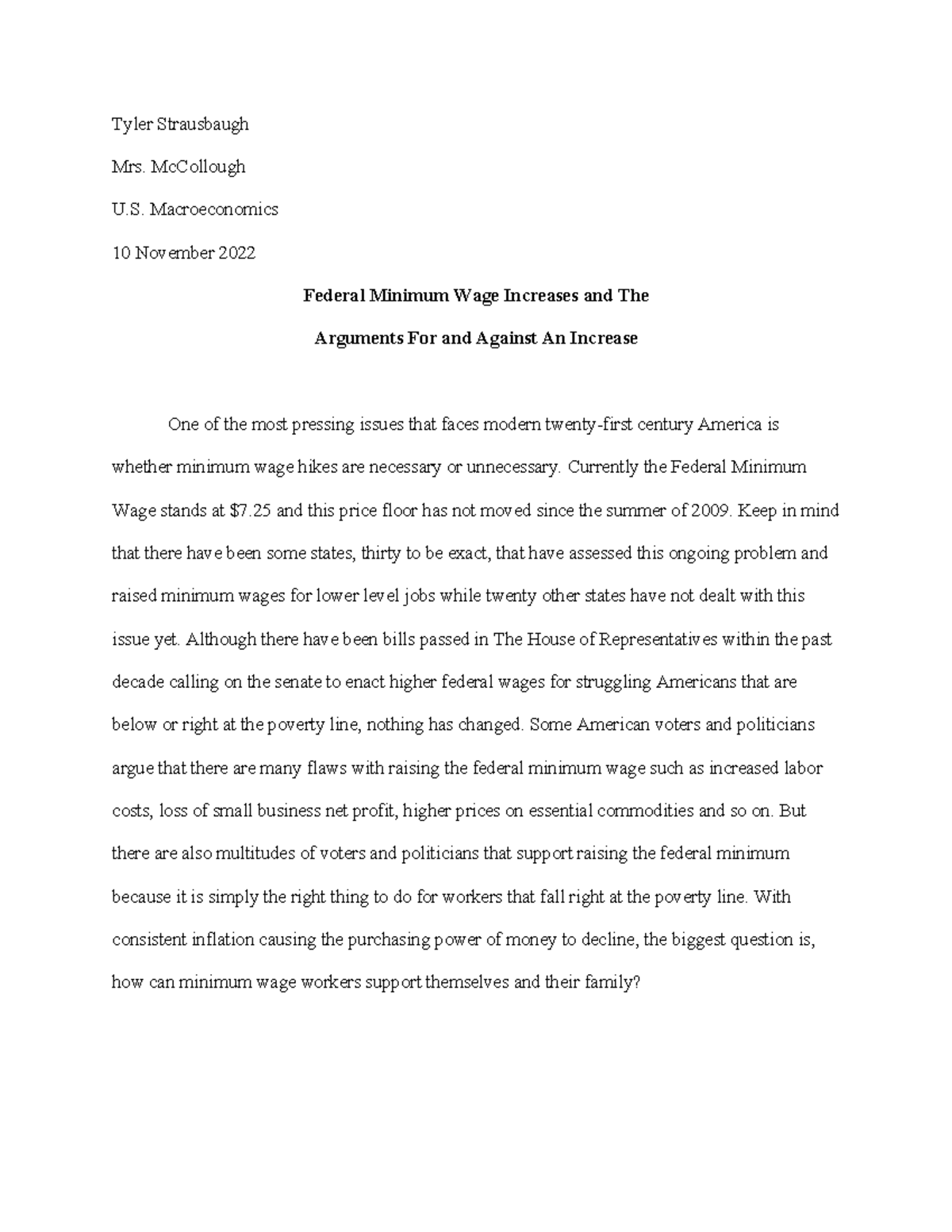 U.S. Macroeconomics Essay: Federal Minimum Wage Debate - Studocu