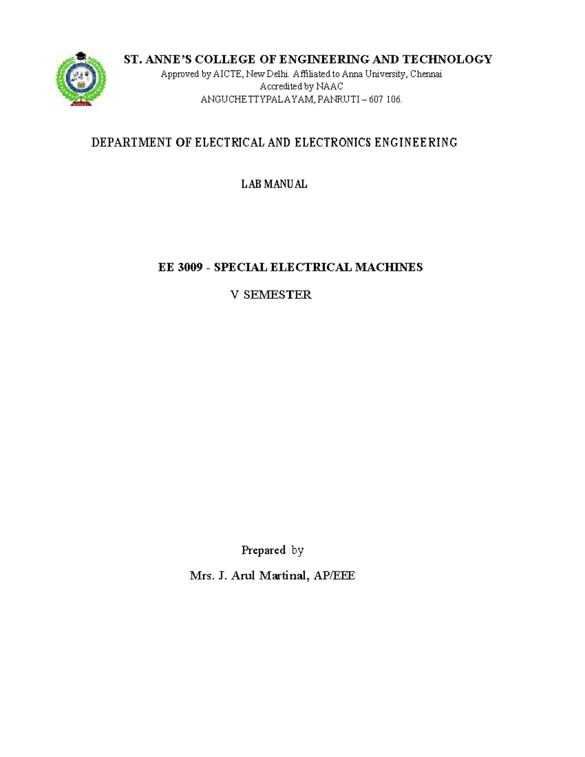 EE3009 - Special Electrical Machines Lab Manual for Simulation of ...
