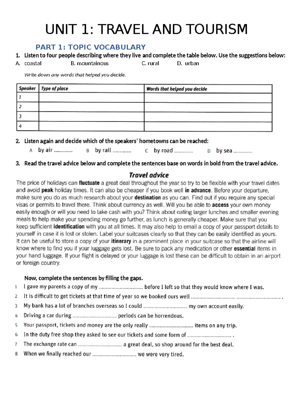 Unit 1: Travel & Tourism Vocabulary and Tribal Tourism Insights - Studocu