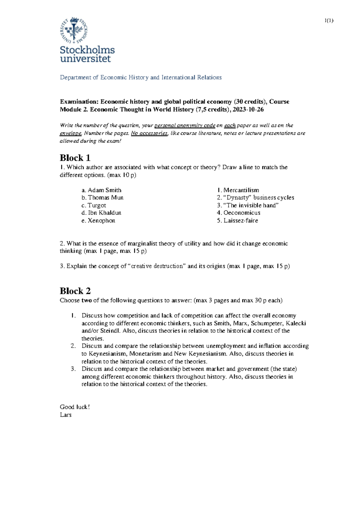Final Exam EH2022: Economic Thought in World History Ht23 - Studocu