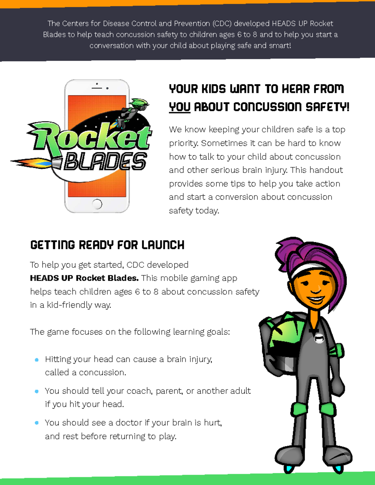 CDC HEADS UP Rocket Blades: Concussion Safety Tips for Kids - Studocu