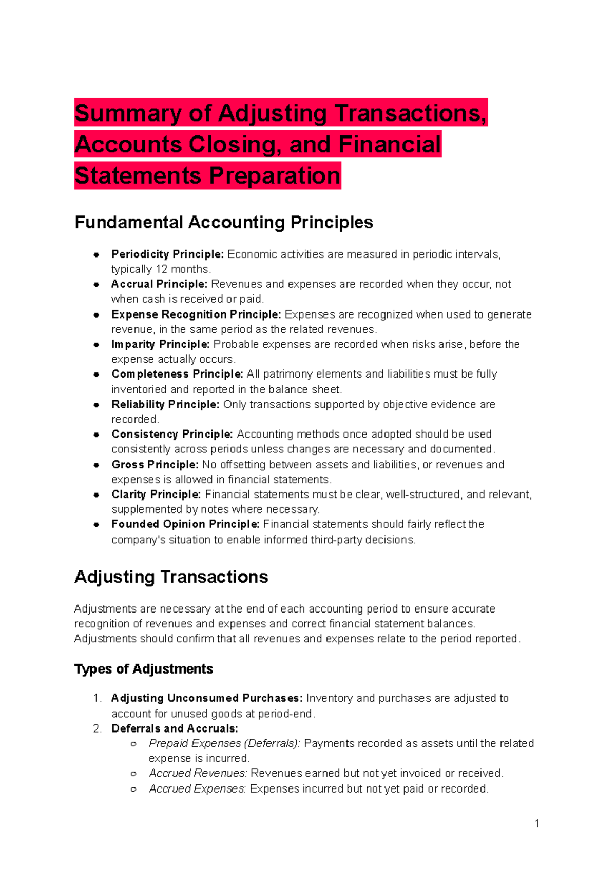 Accounting 4: Summary of Adjusting Transactions & Financial Statements ...