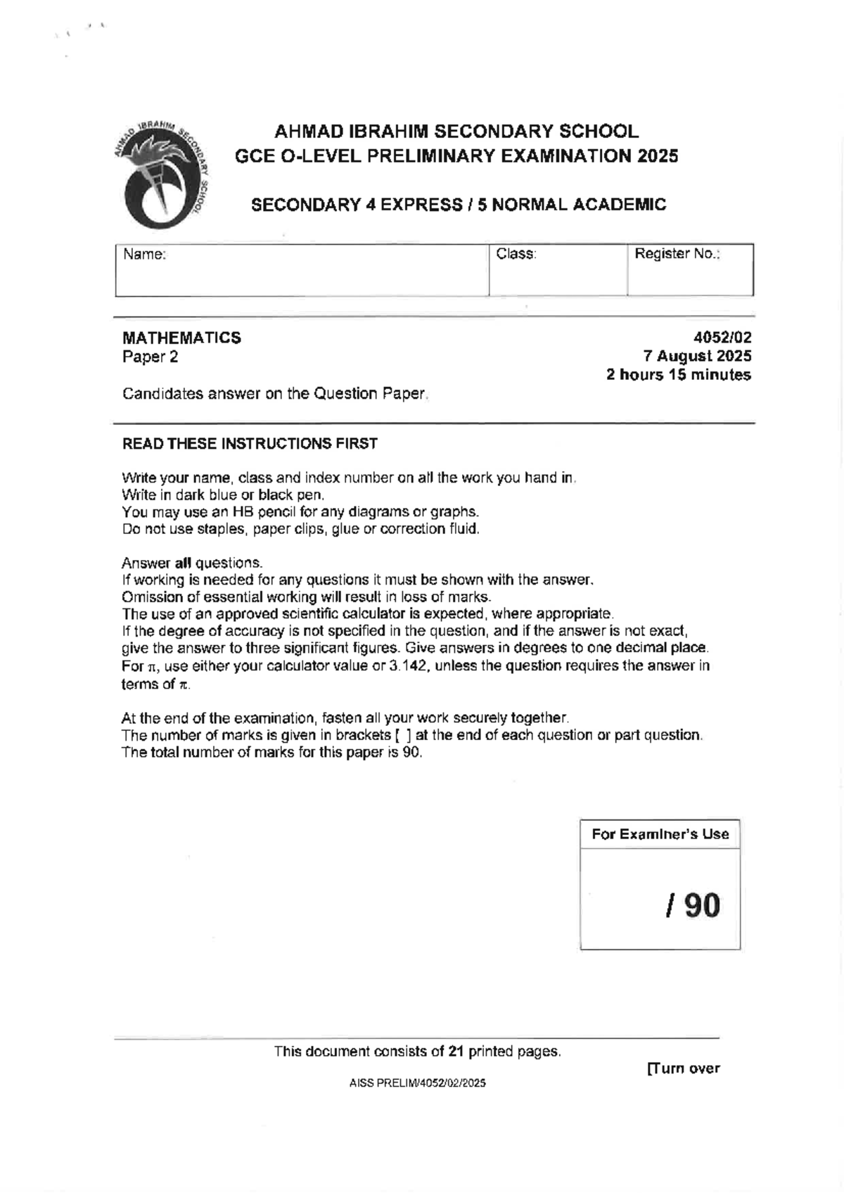 AISS GCE Preliminary Examination 2025: Secondary 4 Express EMath Paper ...