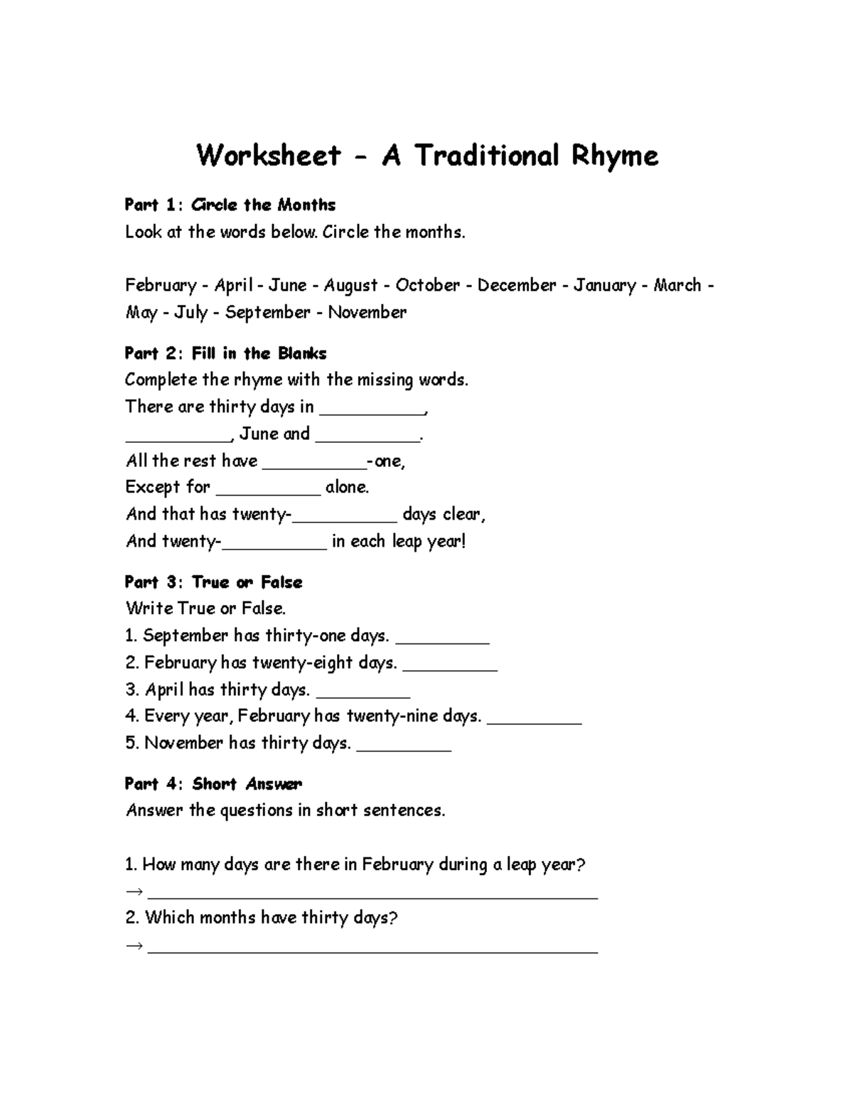 A Traditional Rhyme Worksheet: Months & Days Activities - Studocu