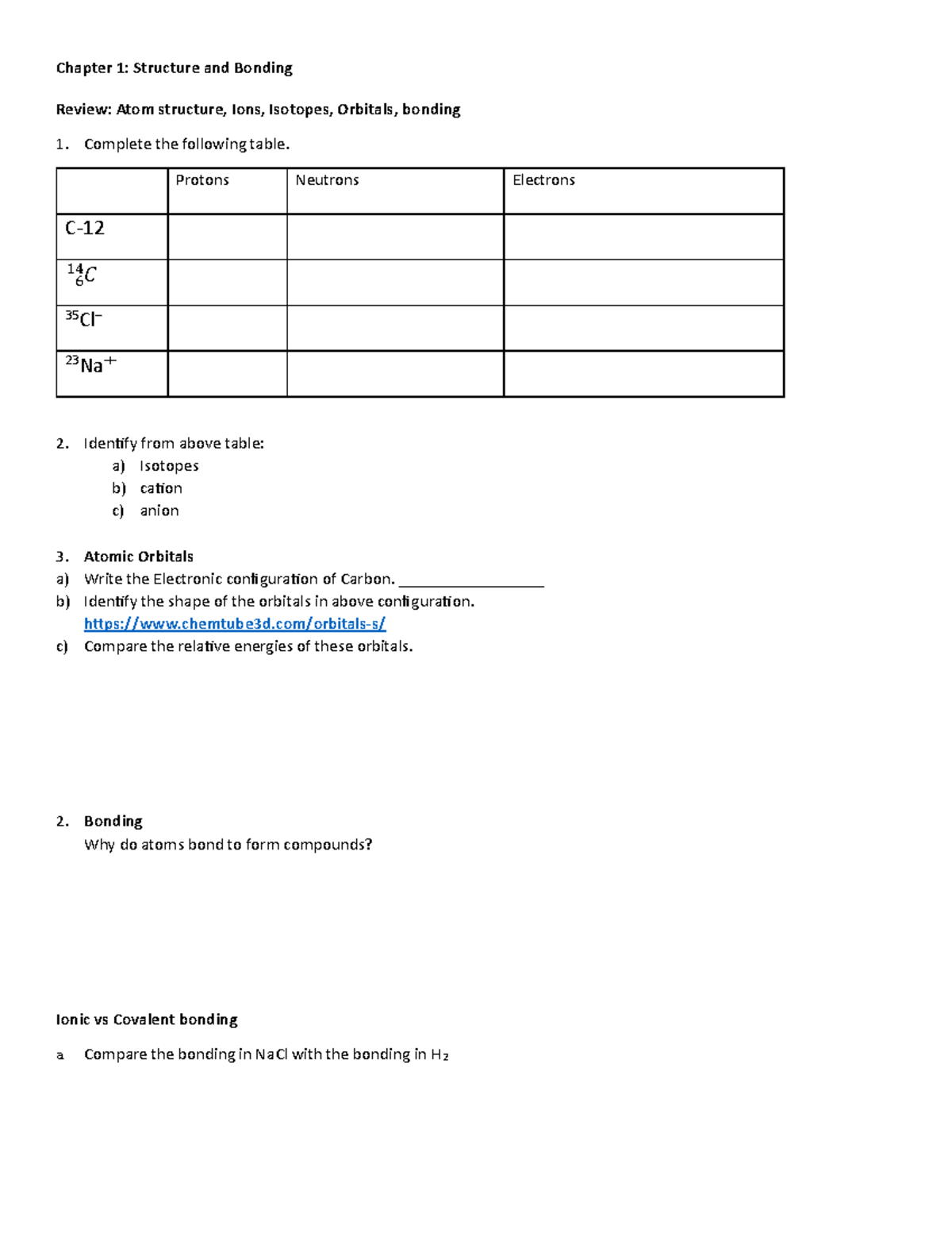 Ch 01: Structure and Bonding Review - Atom Structure & Bonding Concepts ...
