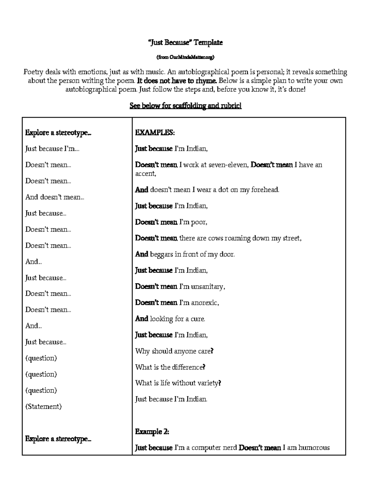 “Just Because” Autobiographical Poem Template and Guidelines - Studocu