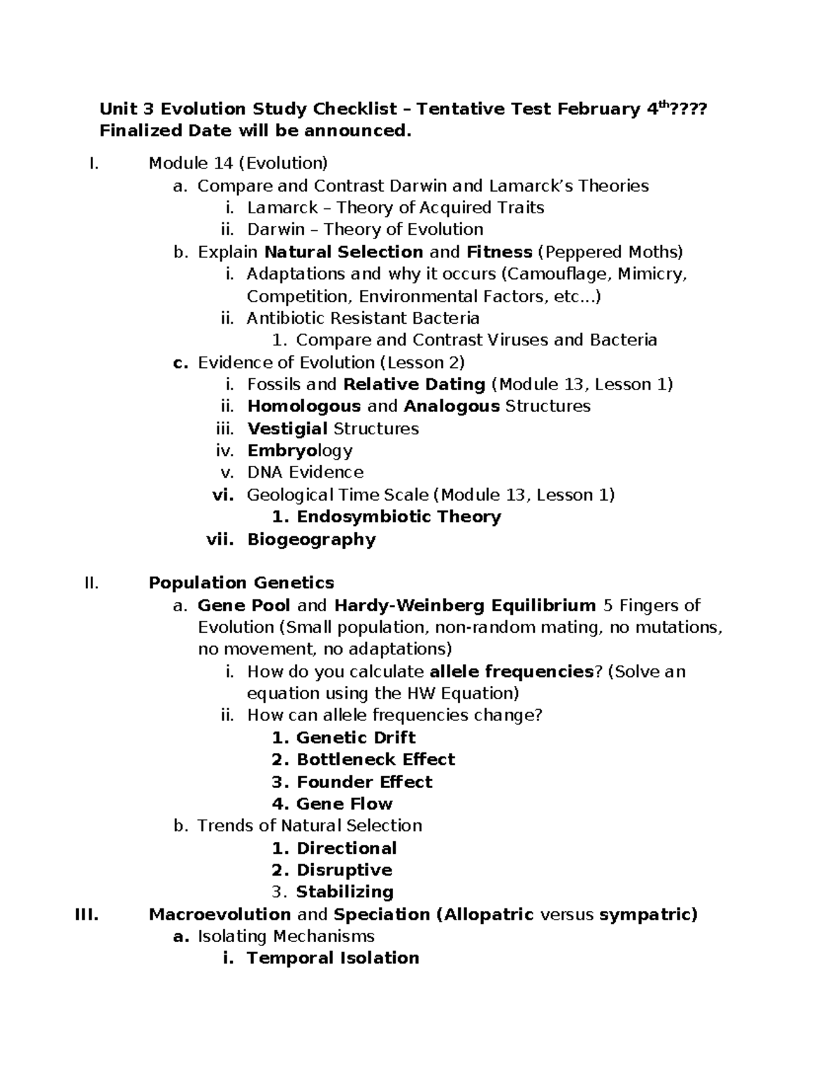 Unit 3 Evolution Study Checklist for Final Exam Preparation - Studocu