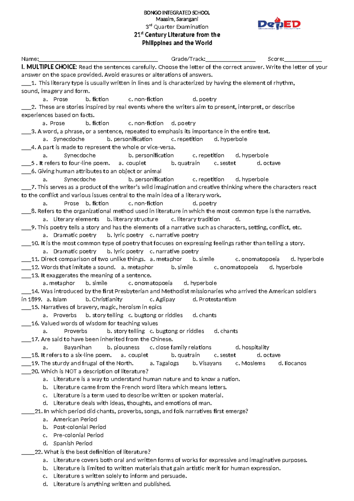 21st Century Literature (3rd Qtr Exam) - Bongo Integrated School - Studocu