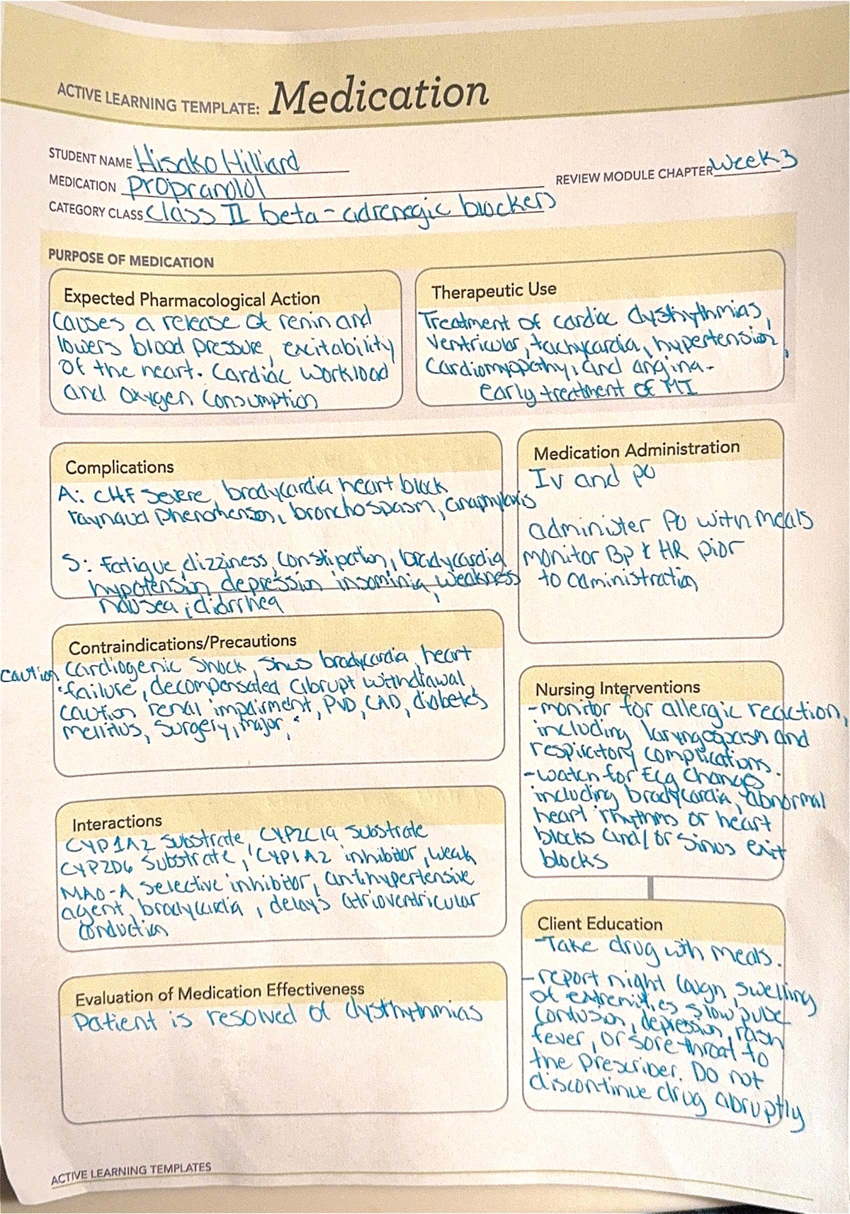 ACTIVE LEARNING TEMPLATE: Medication Review for Propranolol (Week 3 ...