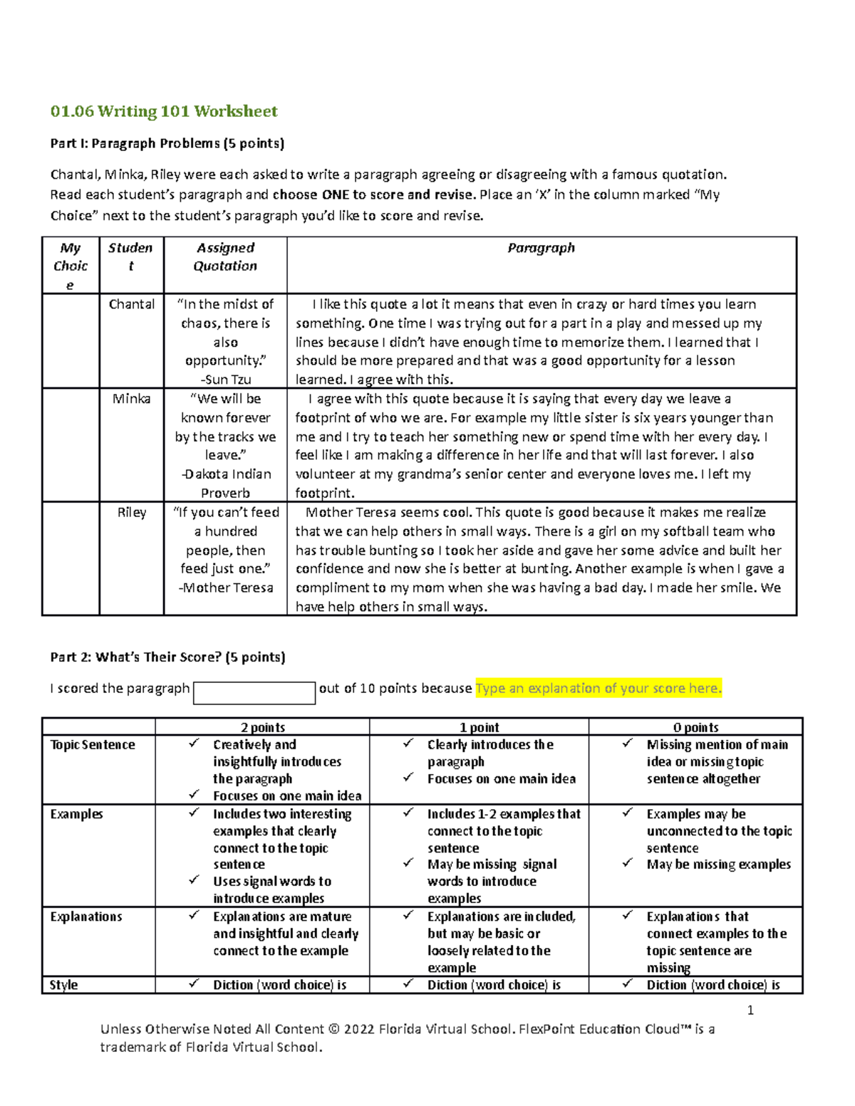 01.06 Writing 101 Worksheet - Paragraph Scoring and Revision - Studocu