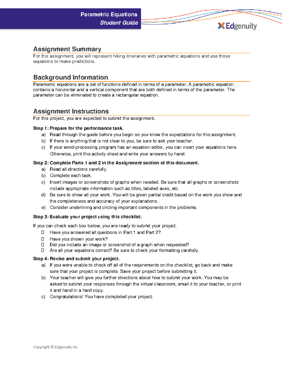 Parametric Equations Performance Task Guide for Students (1) - Studocu