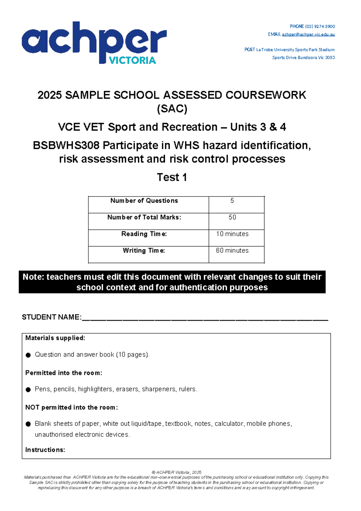 SAC 4 Trial 1: WHS Hazard Identification & Risk Assessment Test - Studocu