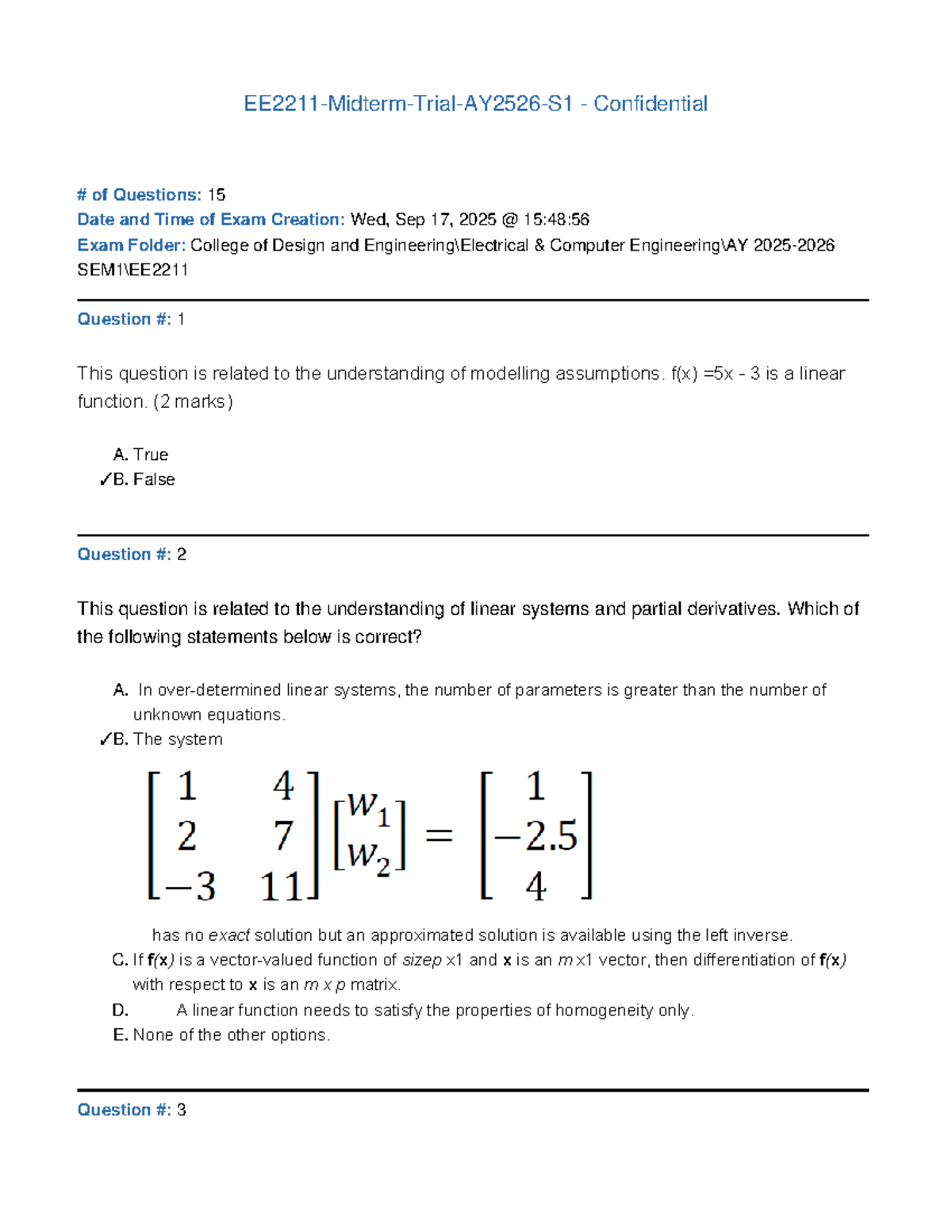EE2211 Midterm Exam Questions - Trial AY2526 S1 - Studocu