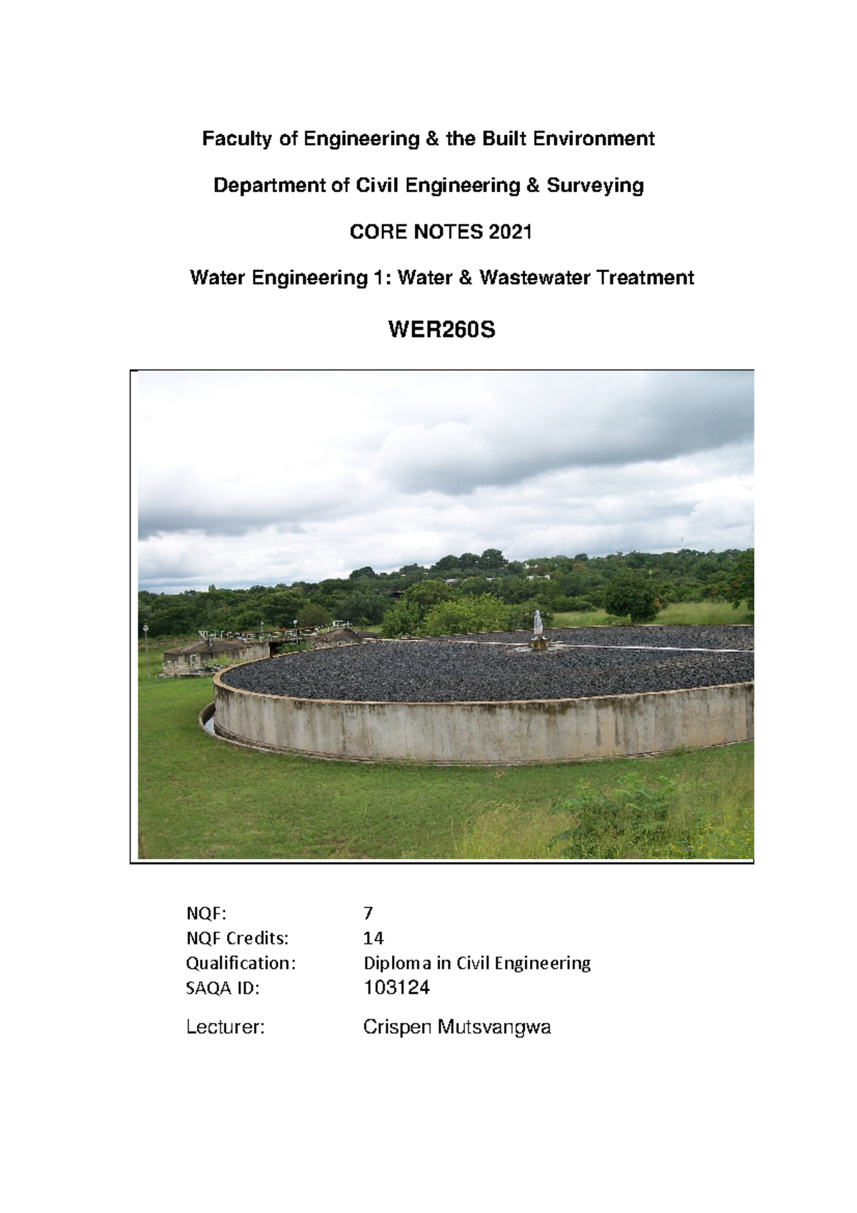 Diploma Notes WER260S: Water & Wastewater Treatment Overview 2021 - Studocu