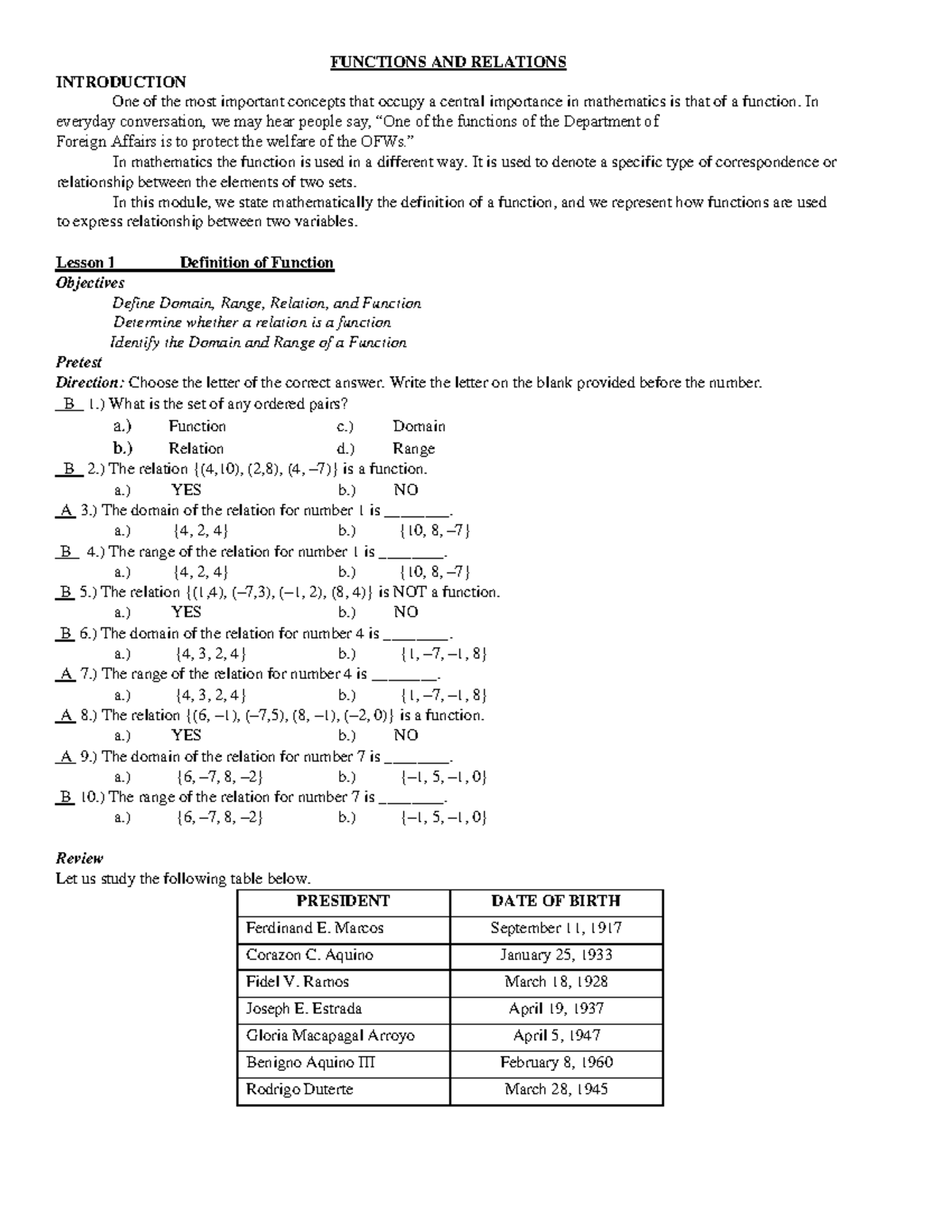 Module 1 Calculus - FUNCTIONS AND RELATIONS INTRODUCTION One of the ...