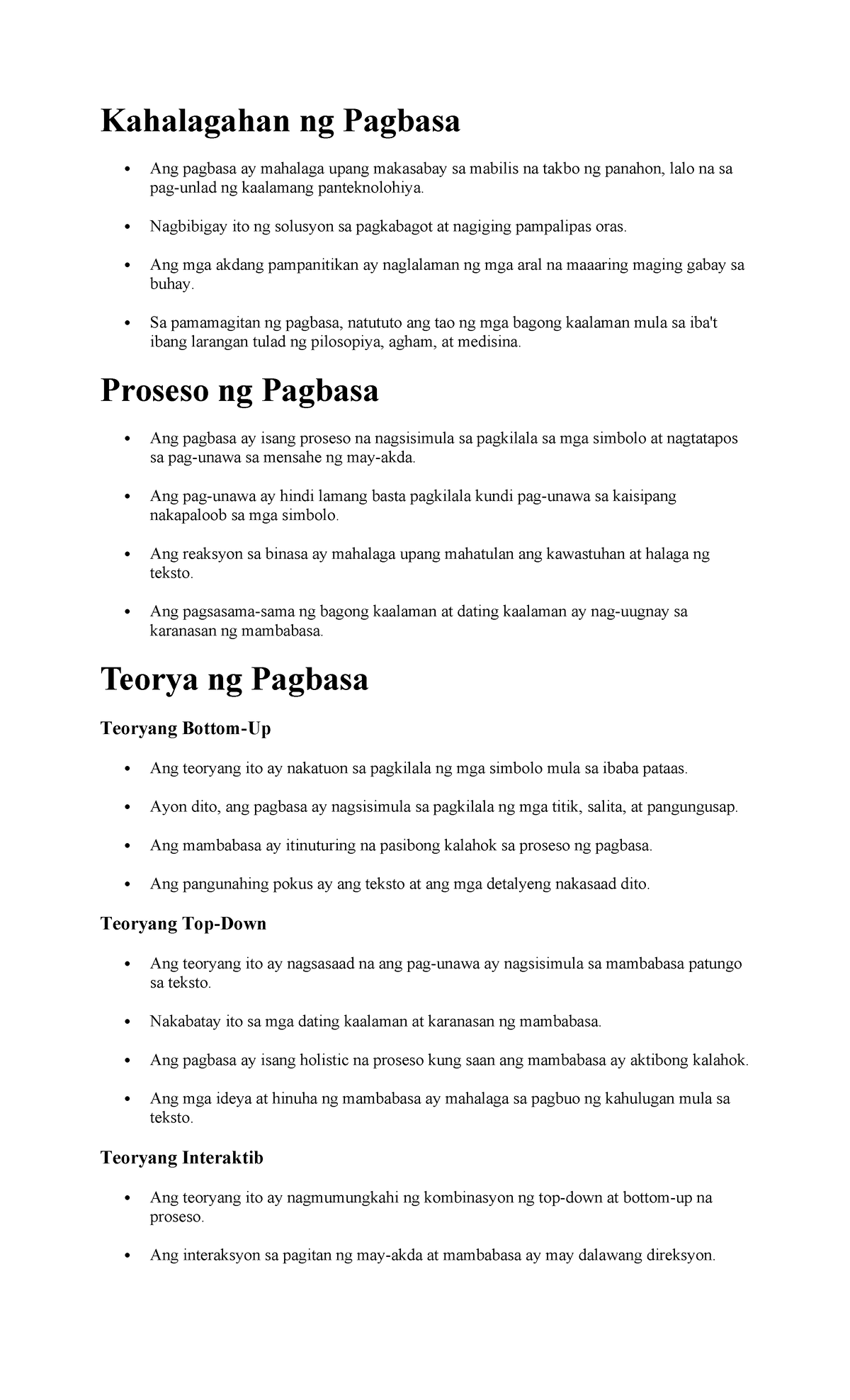 Kahalagahan ng Pagbasa at Pagsulat: Teorya at Mga Uri ng Pagbasa - Studocu