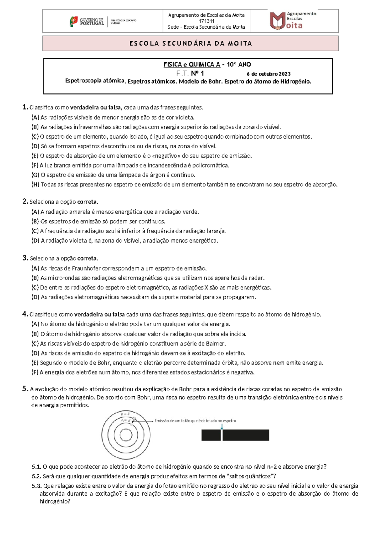 A- FT 1 Espetroscopia Atómica e Modelo de Bohr - Ficha de Trabalho ...