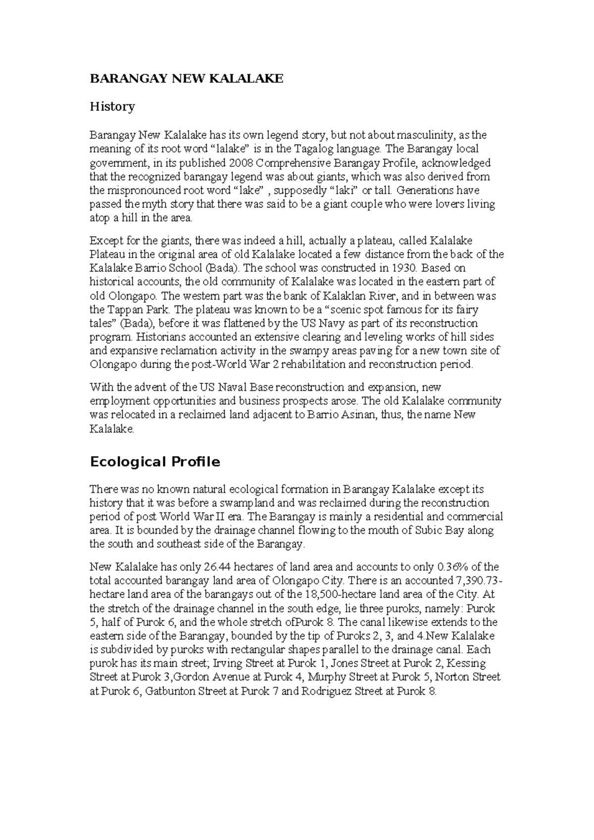 Barangay New Kalalake: Historical & Ecological Overview - Studocu