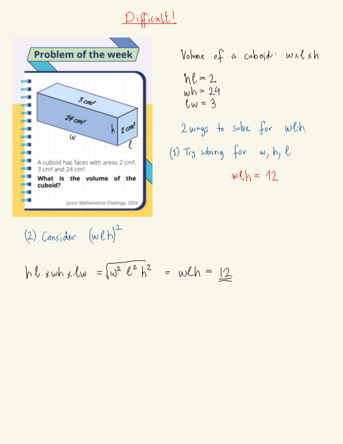 Problem of the week homework - MATH10005 - Difficult! ####### Volume of ...