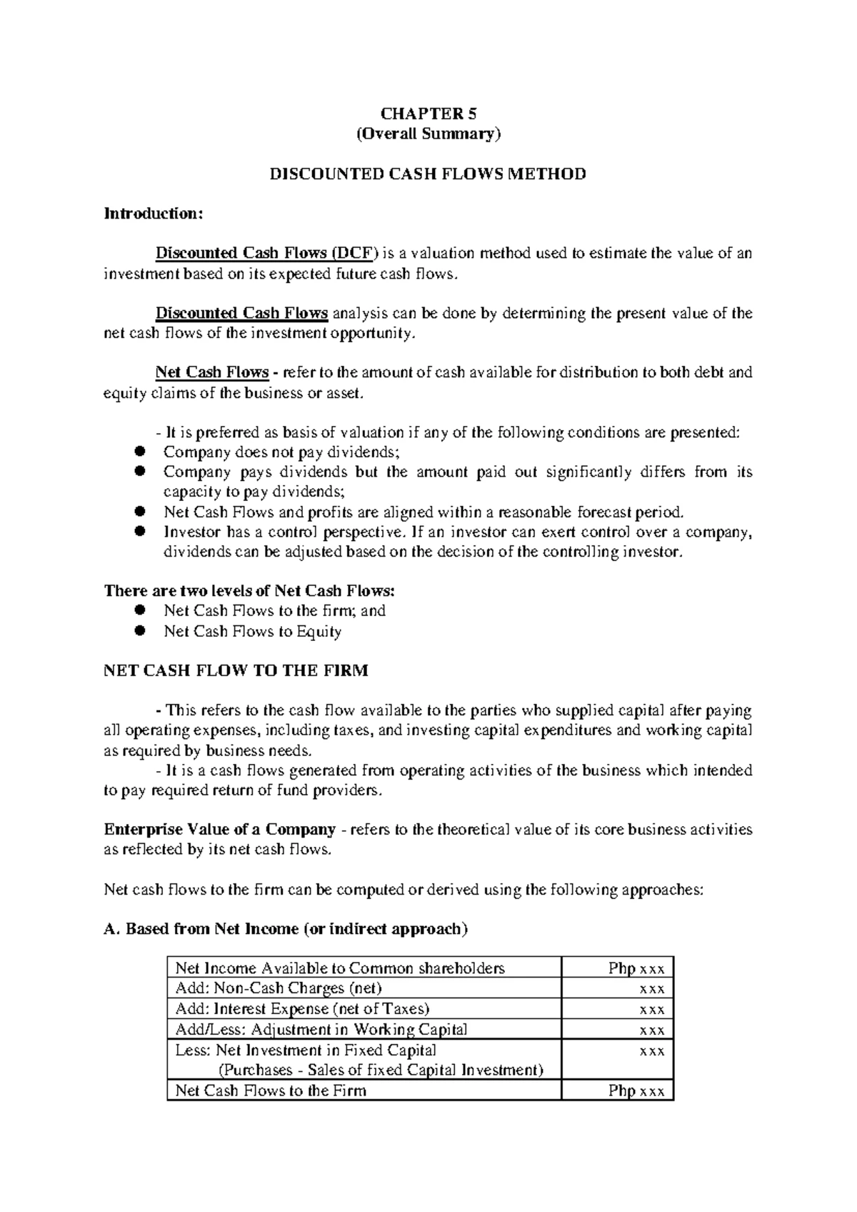 Notes on Discounted Cash Flow Method - CHAPTER 5 (Overall Summary ...