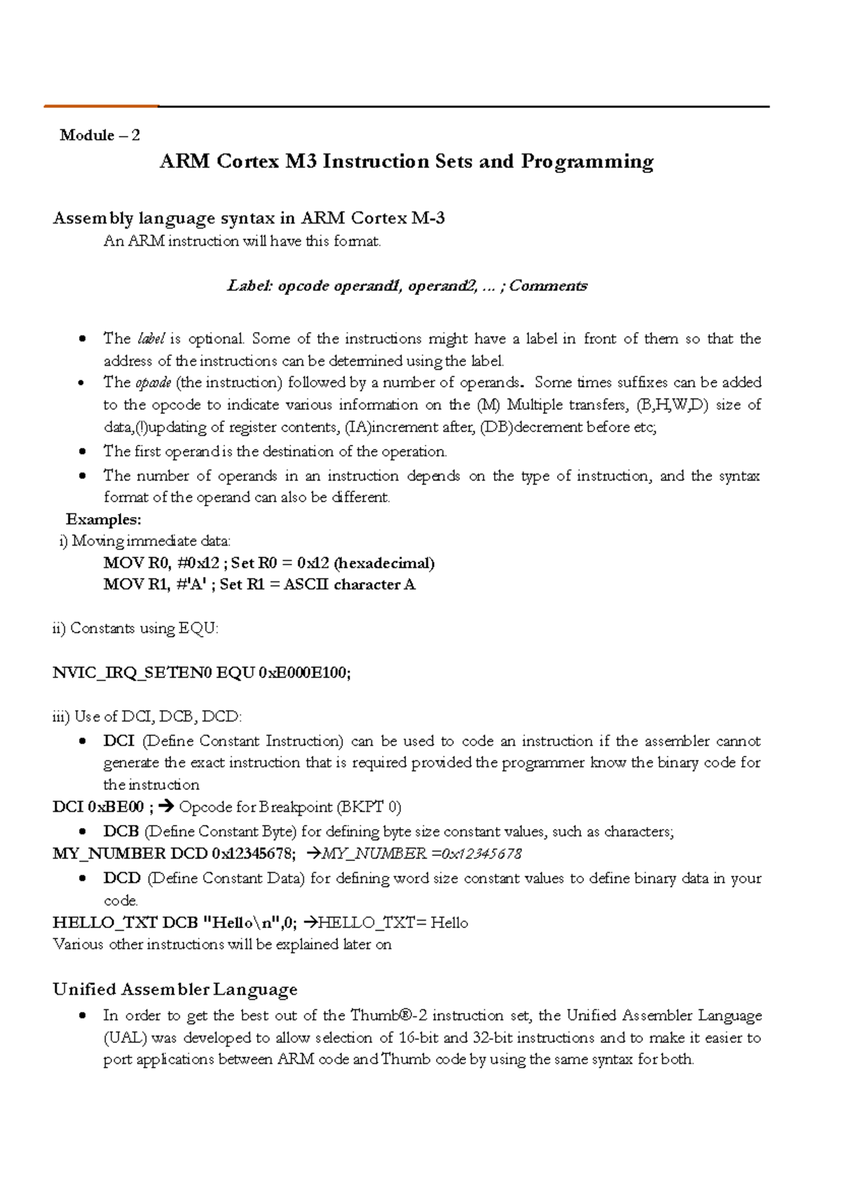 ARM Cortex M3 Instruction Sets and Programming - UNIT-2 - Studocu