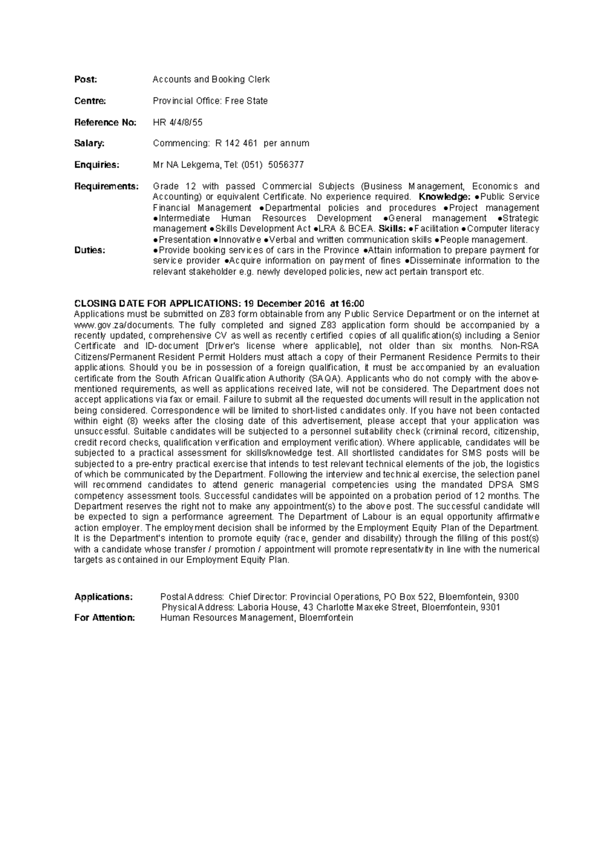 Final Exam: Accounts and Booking Clerk Position Details - Ref HR 4/4/8 ...