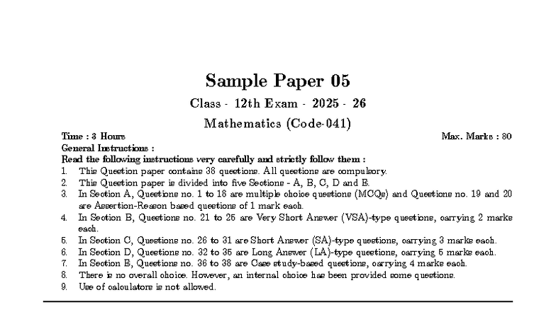 NODIA APP Sample Paper 05 Class 12 Mathematics Exam 2025-26 - Studocu