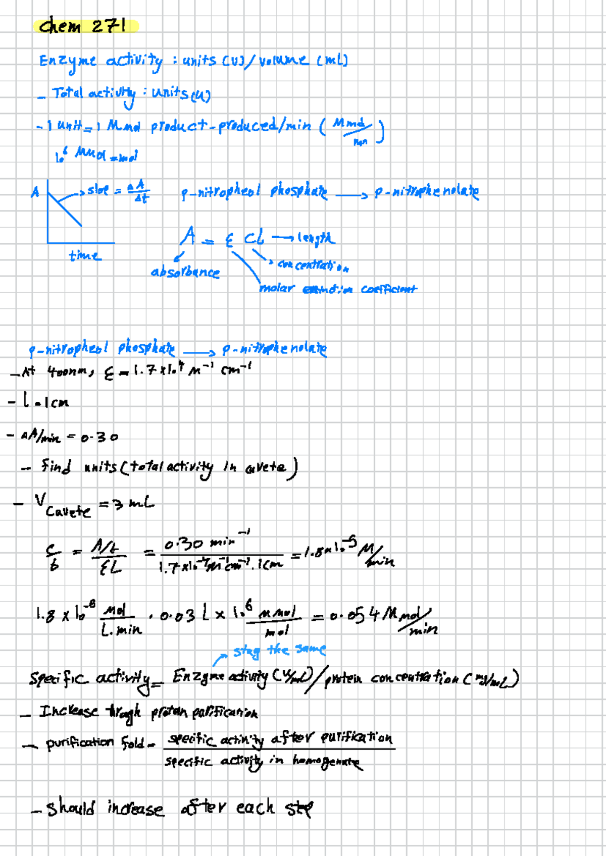 Biochem - my summary - chem 271 Enzyme activity : units (v) volume (ml ...