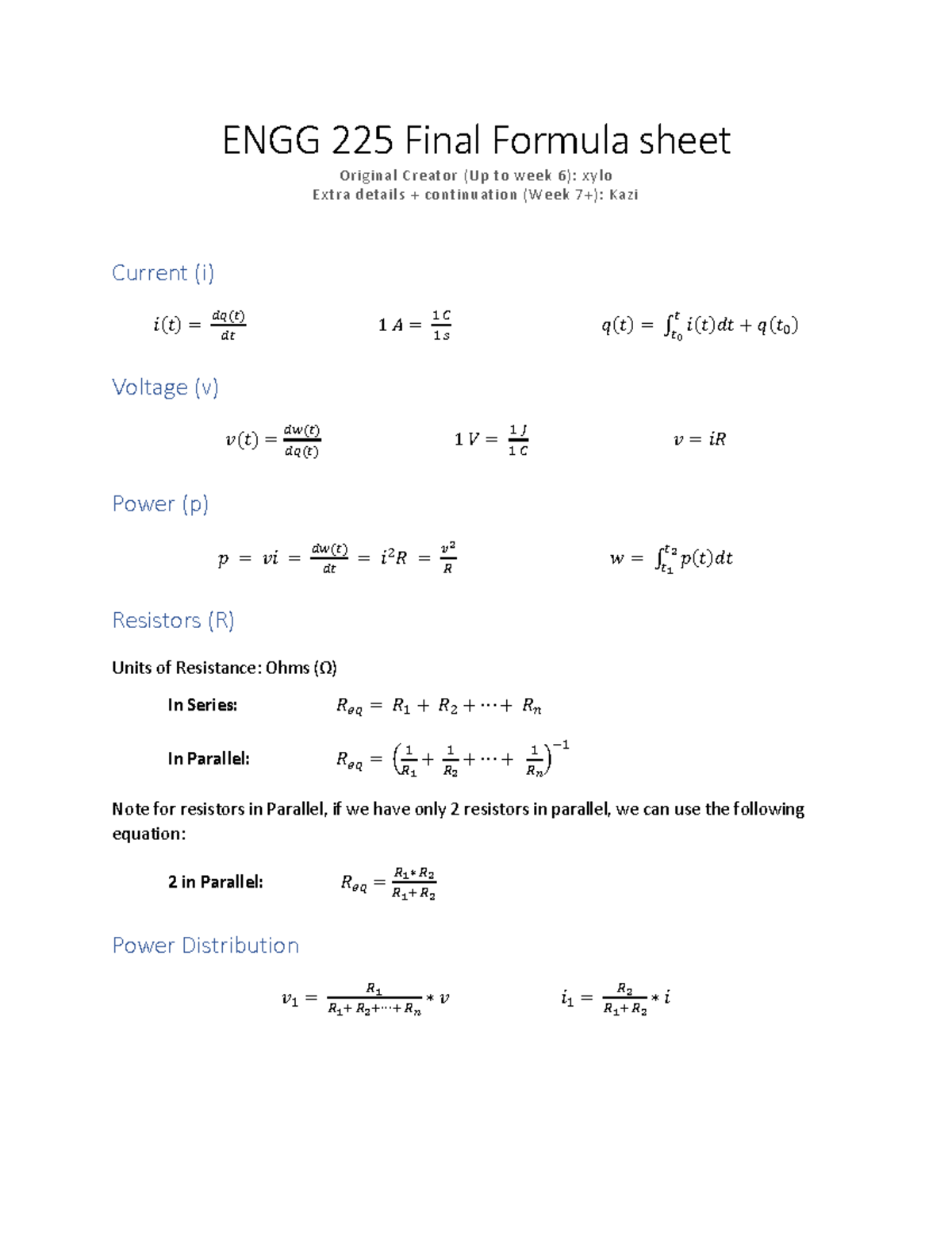 ENGG 225 Final Exam Formula Sheet and Key Concepts - Studocu