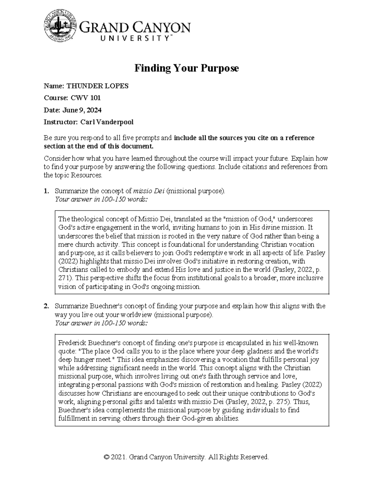 CWV 101 301 RS T7 T8 Final Exam: Discovering Your Purpose in Life - Studocu