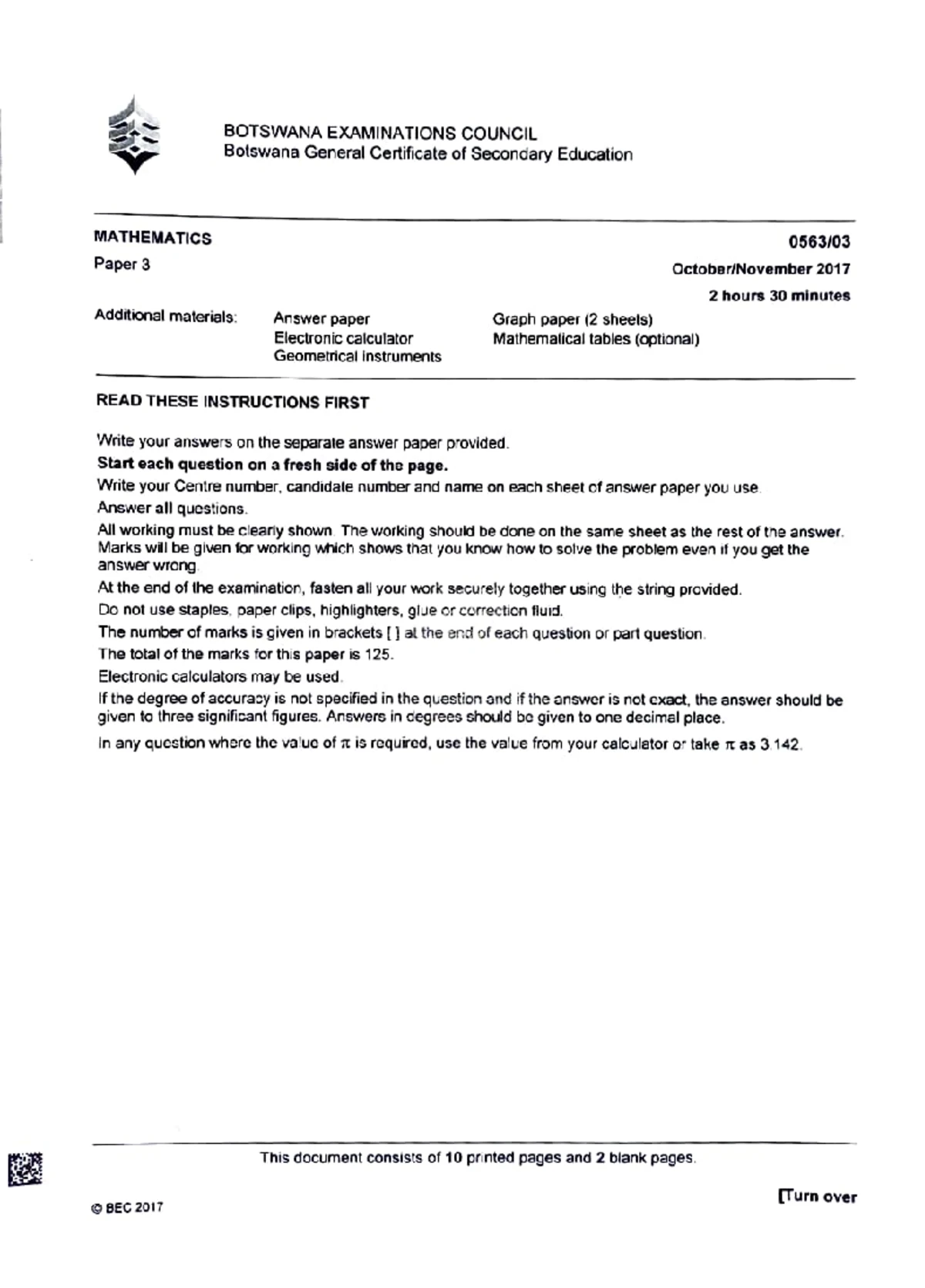 Cambridge IGCSE Mathematics 0580/01 Specimen Paper 2025 Exam - Studocu