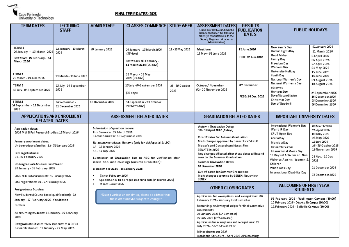 CPUT 2026 Final Term Dates and Important Academic Dates - Studocu