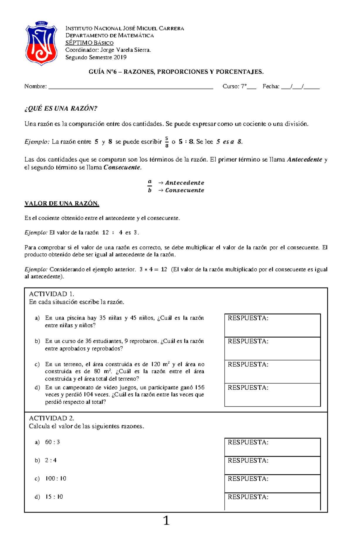 7°-Matemática-6 - Guía N°6: Razones, Proporciones y Porcentajes - Studocu