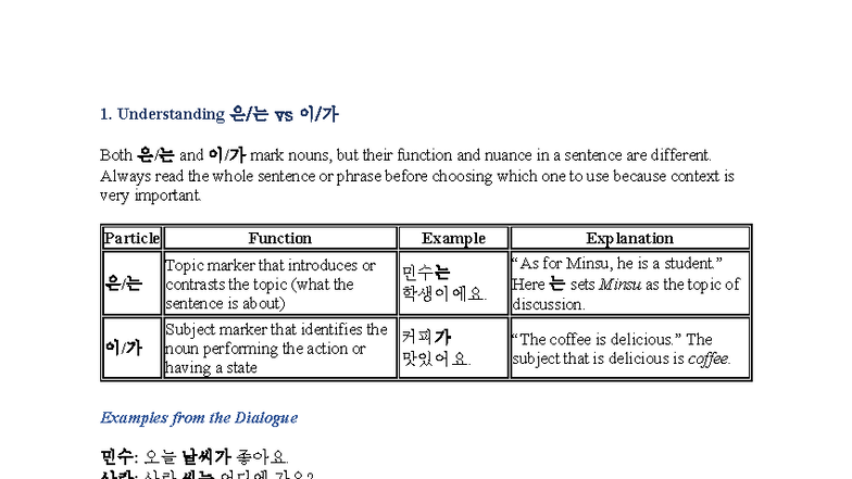 Korean Particles Worksheet: Understanding vs Usage of 1. and 도 - Studocu