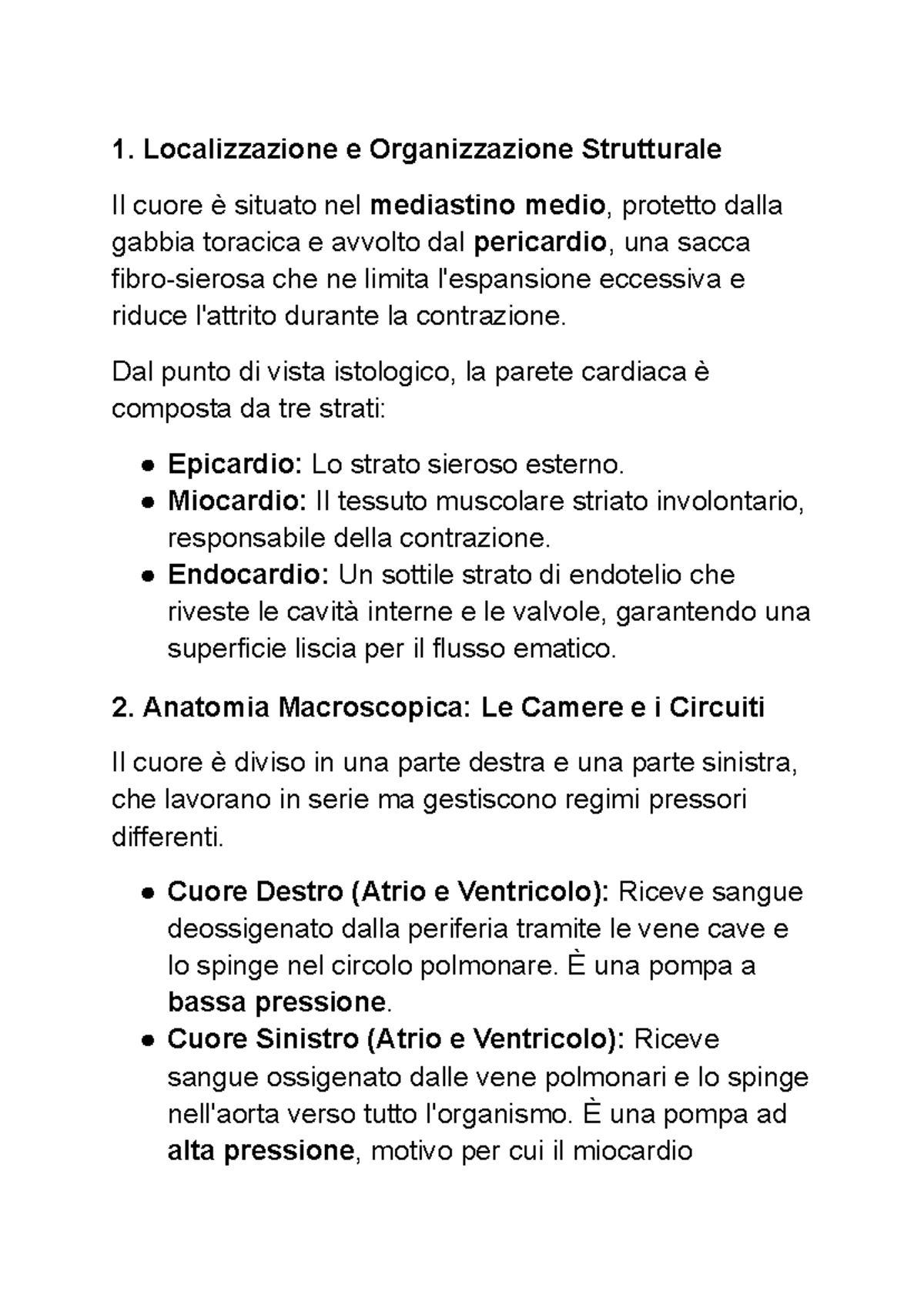 Cuore: Riassunto Breve di Anatomia e Fisiologia Cardiaca - Studocu