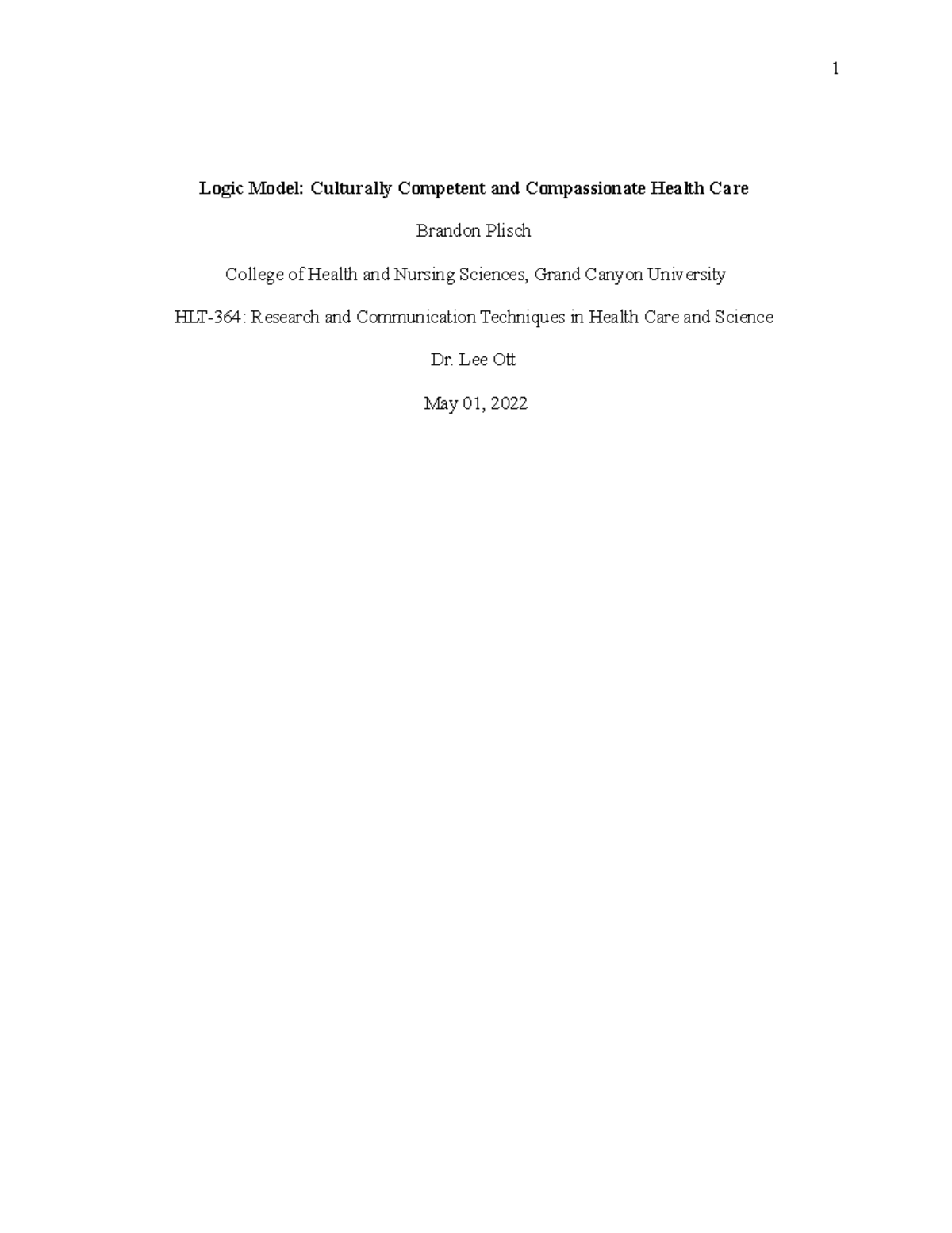 Brandon Plisch Logic Model Culturally Competent and Compassionate ...
