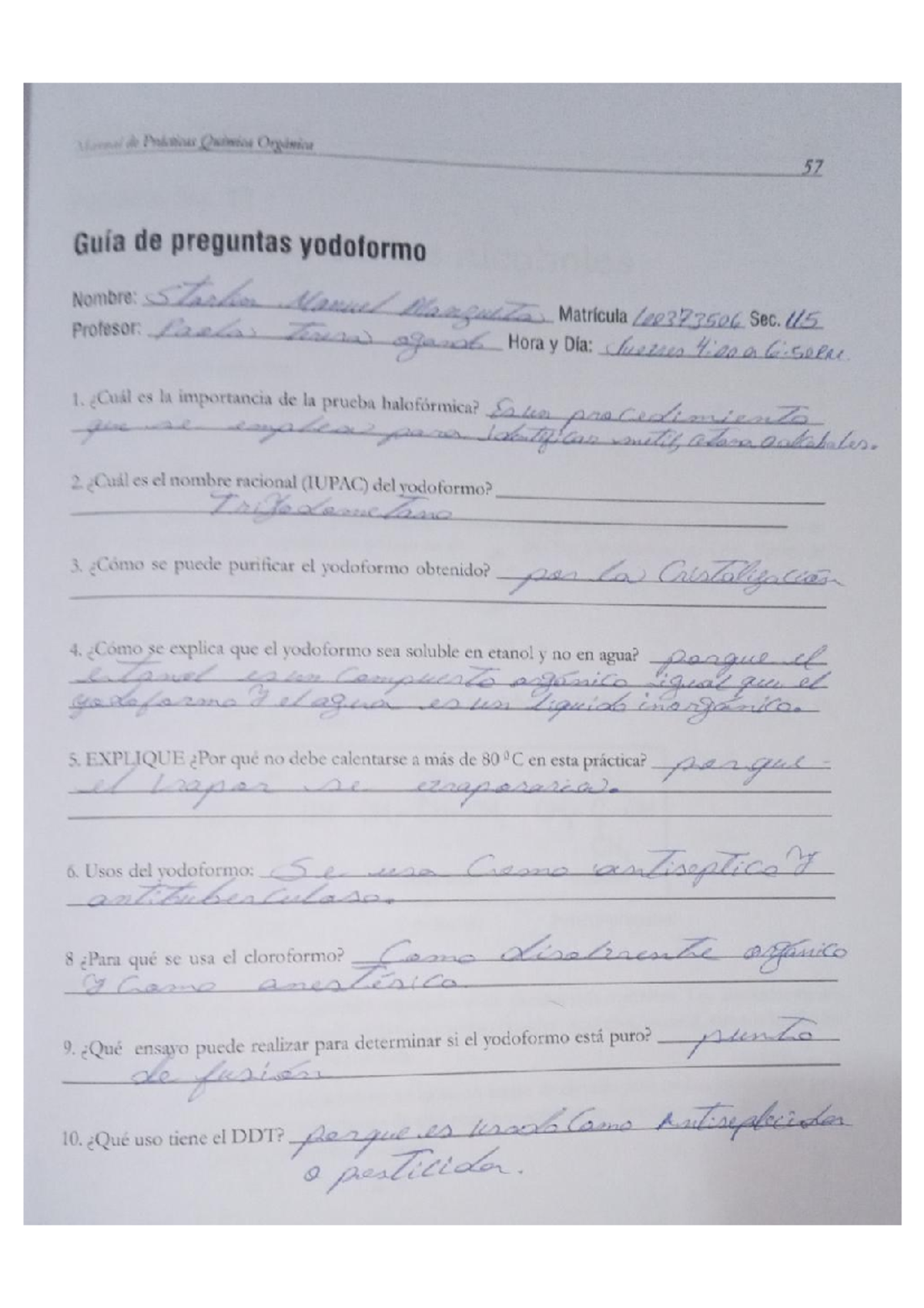 Guía de Preguntas sobre Obtención de Yodoformo - Química Orgánica 57 ...