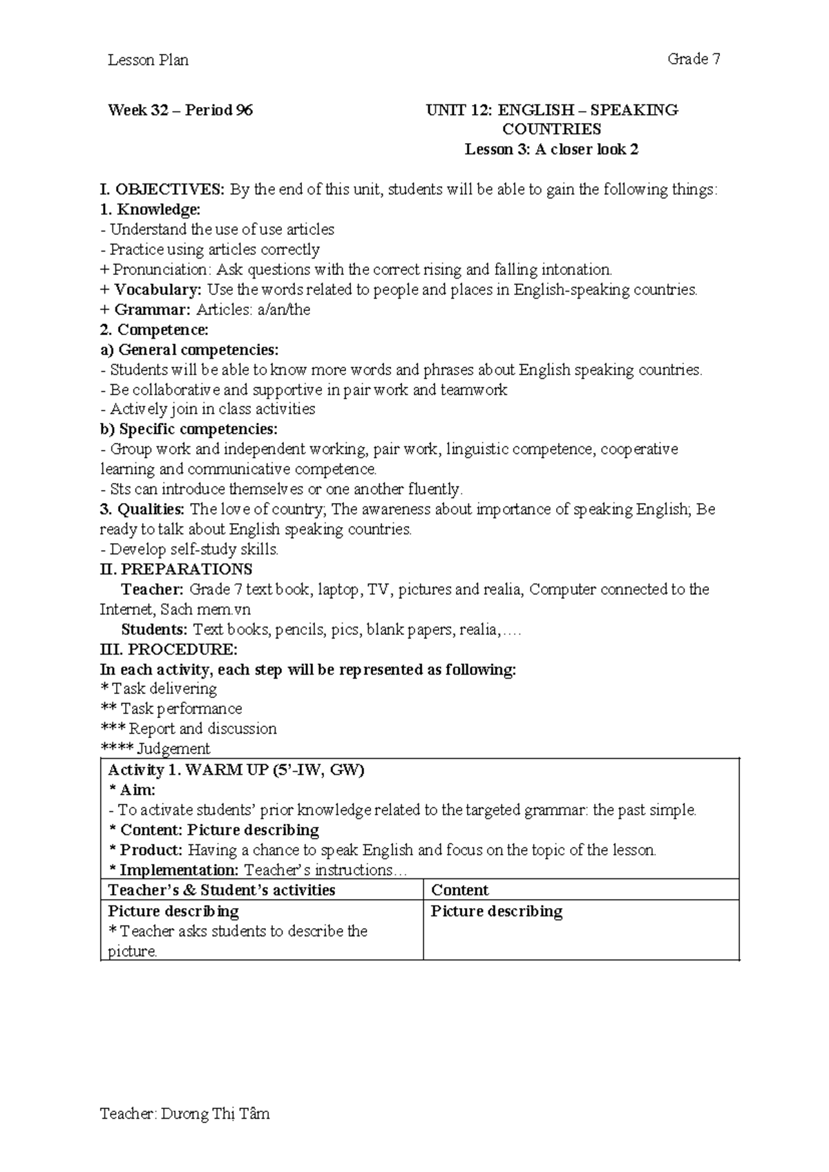 Grade 7 Lesson Plan: English Speaking Countries (Units 12, Lessons 3-6 ...