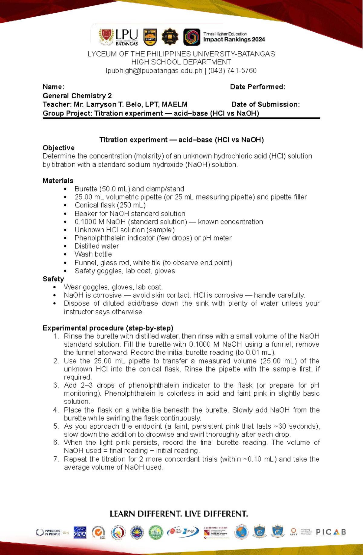 Titration Experiment (HCl vs NaOH) - General Chemistry 2 (043) - Studocu