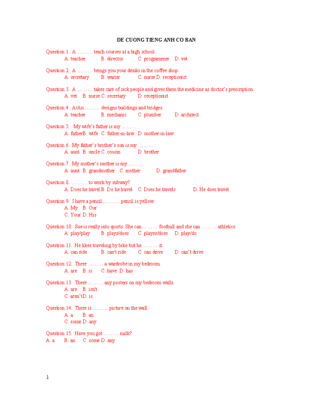 DE CUONG TIENG ANH CO BAN - Quiz Questions and Answers - Studocu
