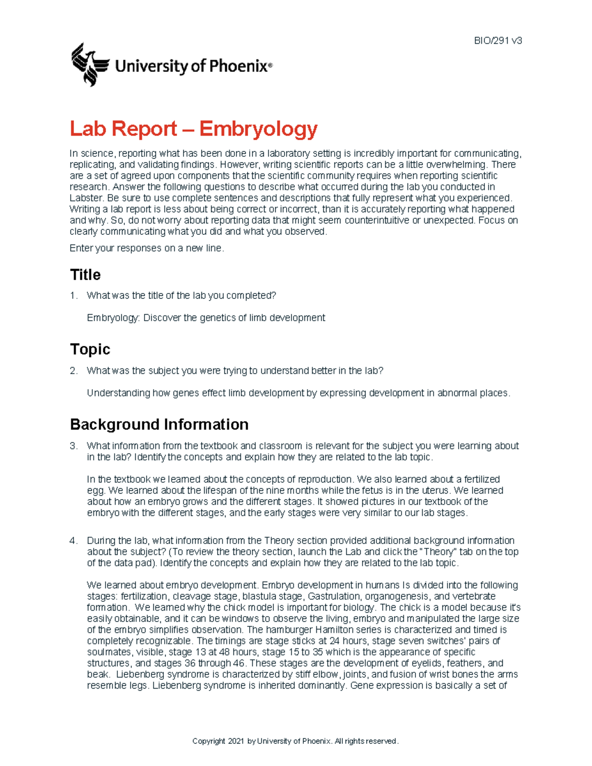 Bio291 v3 wk7 the embryology lab report new - BIO/291 v Lab Report – Embryology In science ...