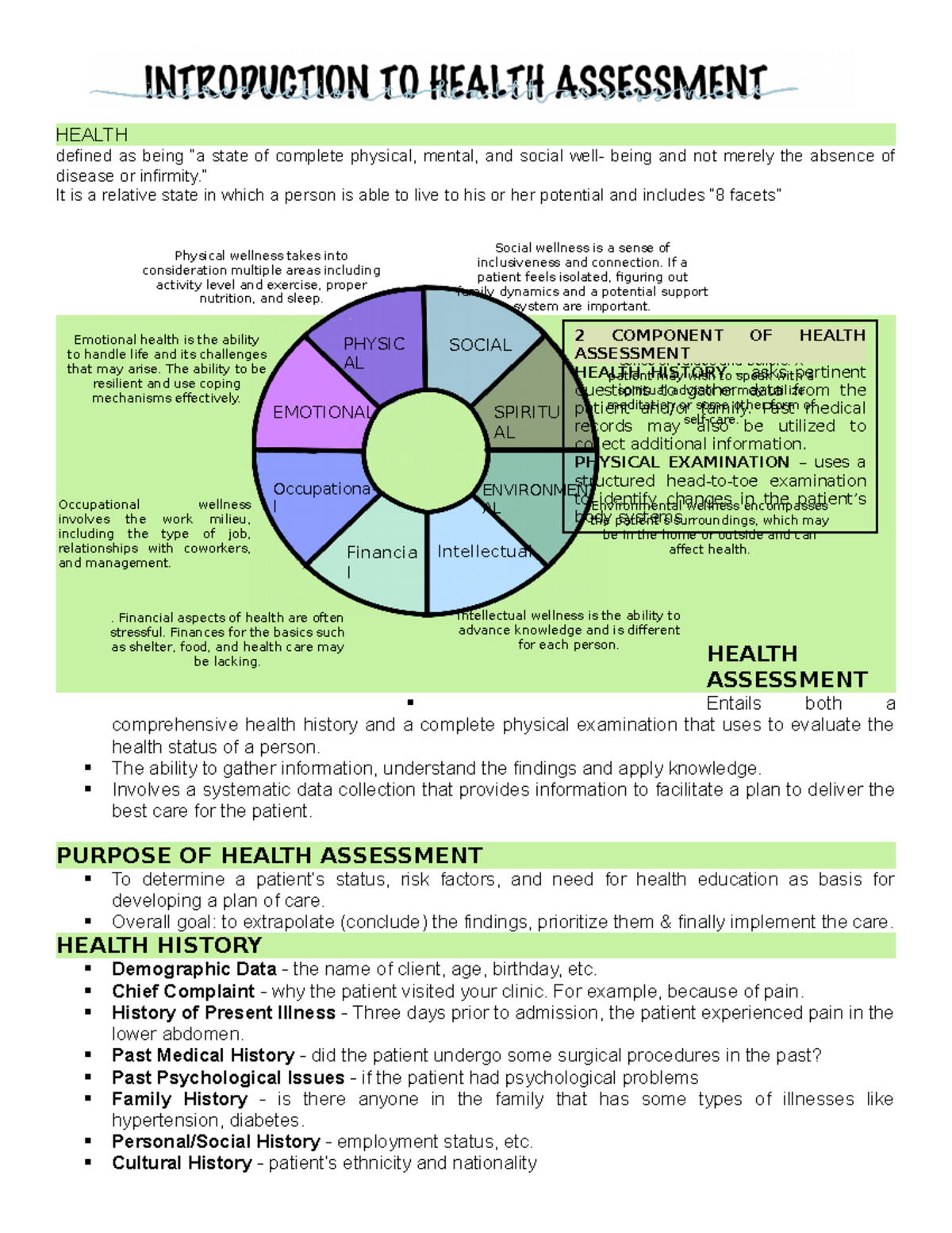 Introduction TO Health Assessment - HEALTH defined as being “a state of ...